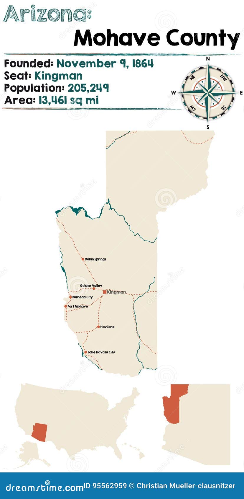 Arizona: Mohave County stock vector. Illustration of lakes - 95562959