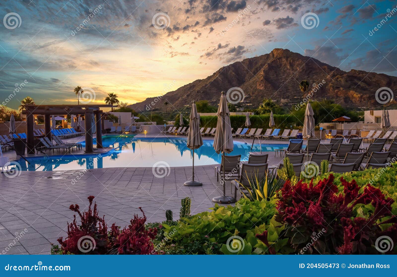 Arizona Resort with Pool and Mountain Stock Image - Image of ...