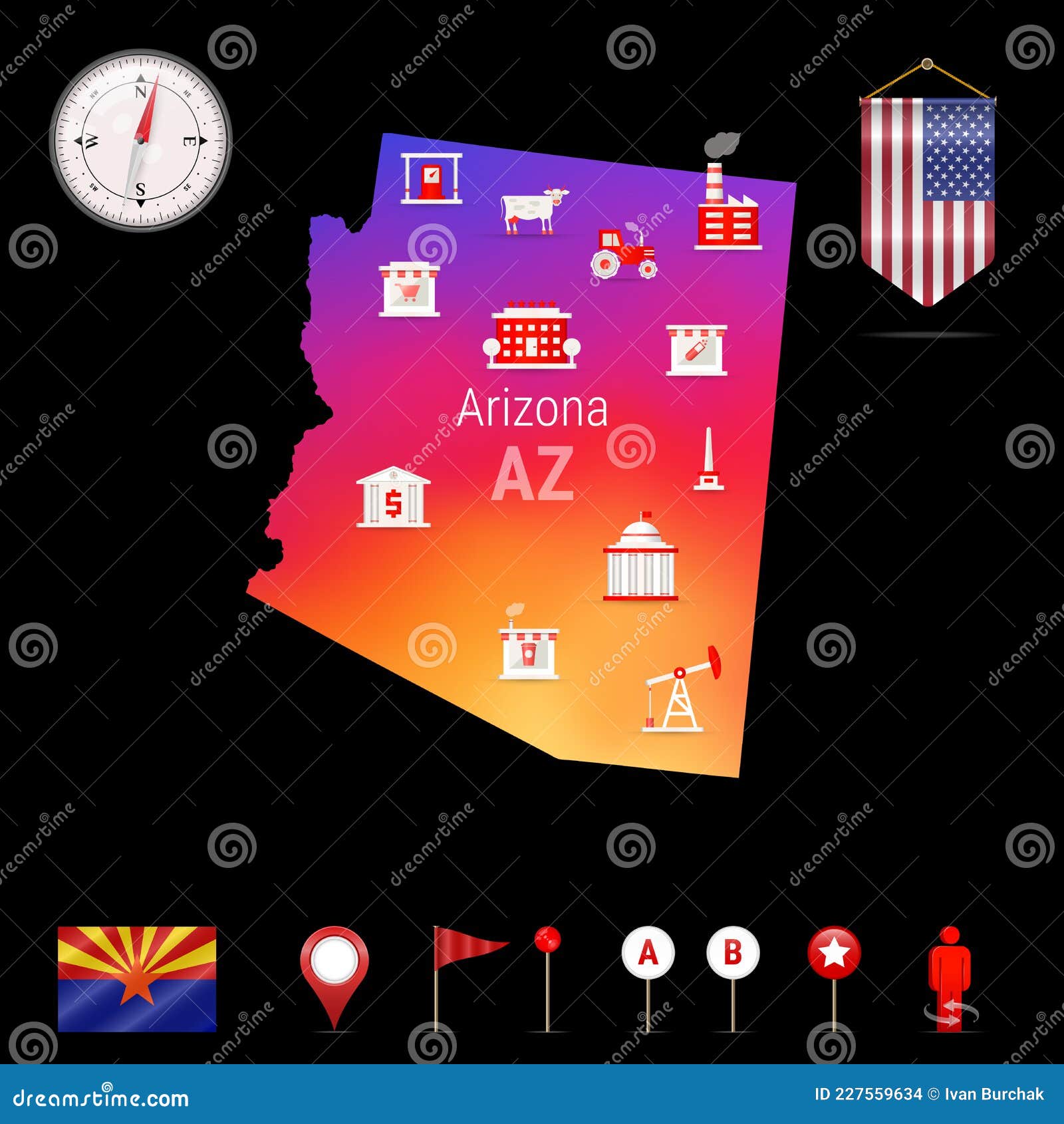 Arizona Vector Map, Night View. Compass Icon, Map Navigation Elements ...