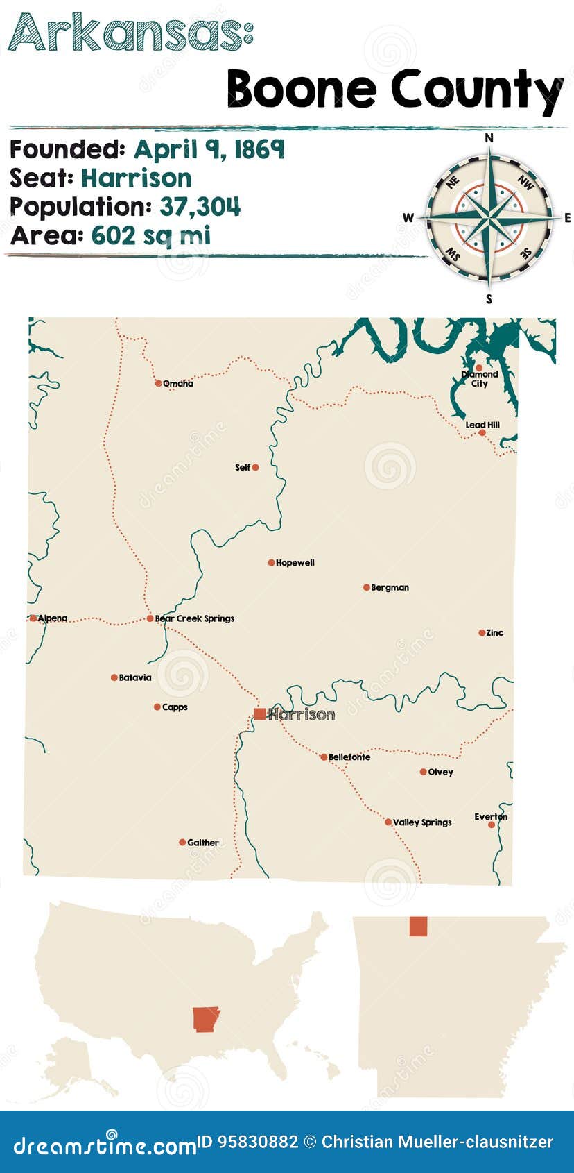 Arkansas: Boone county map stock vector. Illustration of blue - 95830882