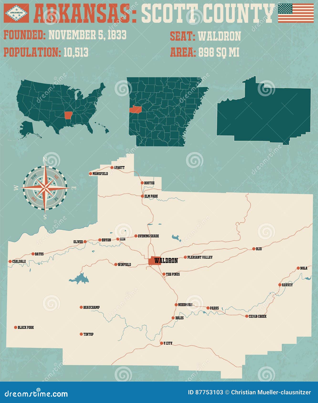 Arkansas: Scott county map stock vector. Illustration of detailed ...