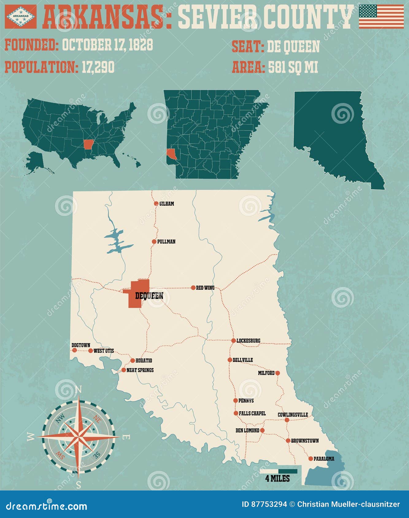 Arkansas: Sevier County Map Stock Vector - Illustration of education ...
