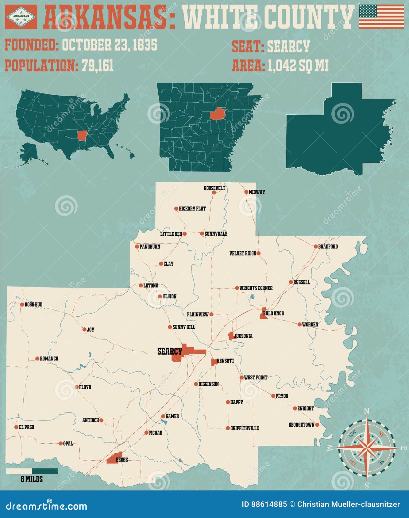 Arkansas: White county map stock vector. Illustration of vintage - 88614885