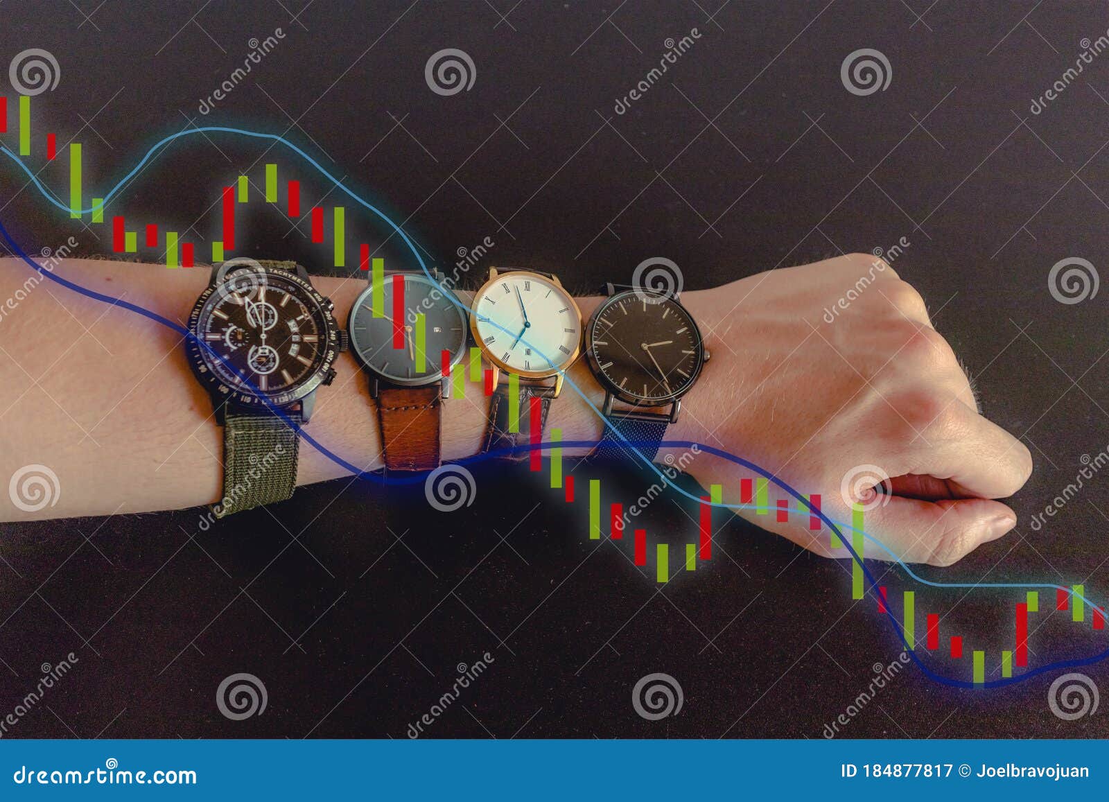 Arm with Four Watches with Stock Chart Stock Image - Image of bank ...