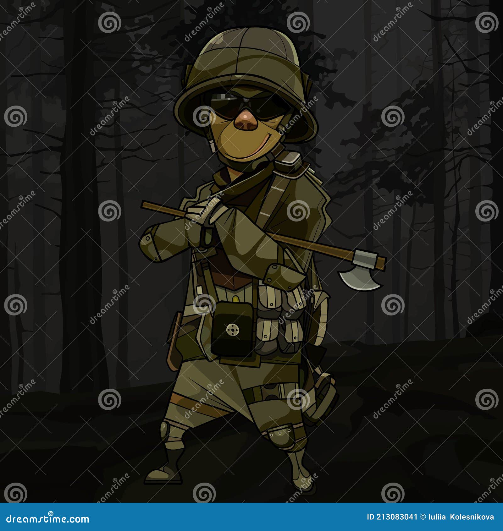 An Armed Cartoon Soldier in a Helmet Stands at Night in the Forest ...