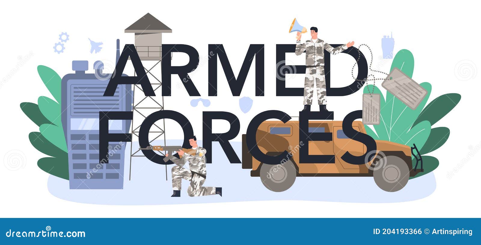 Millitary Typographic Header. Soldier In Camouflage With A Weapon ...