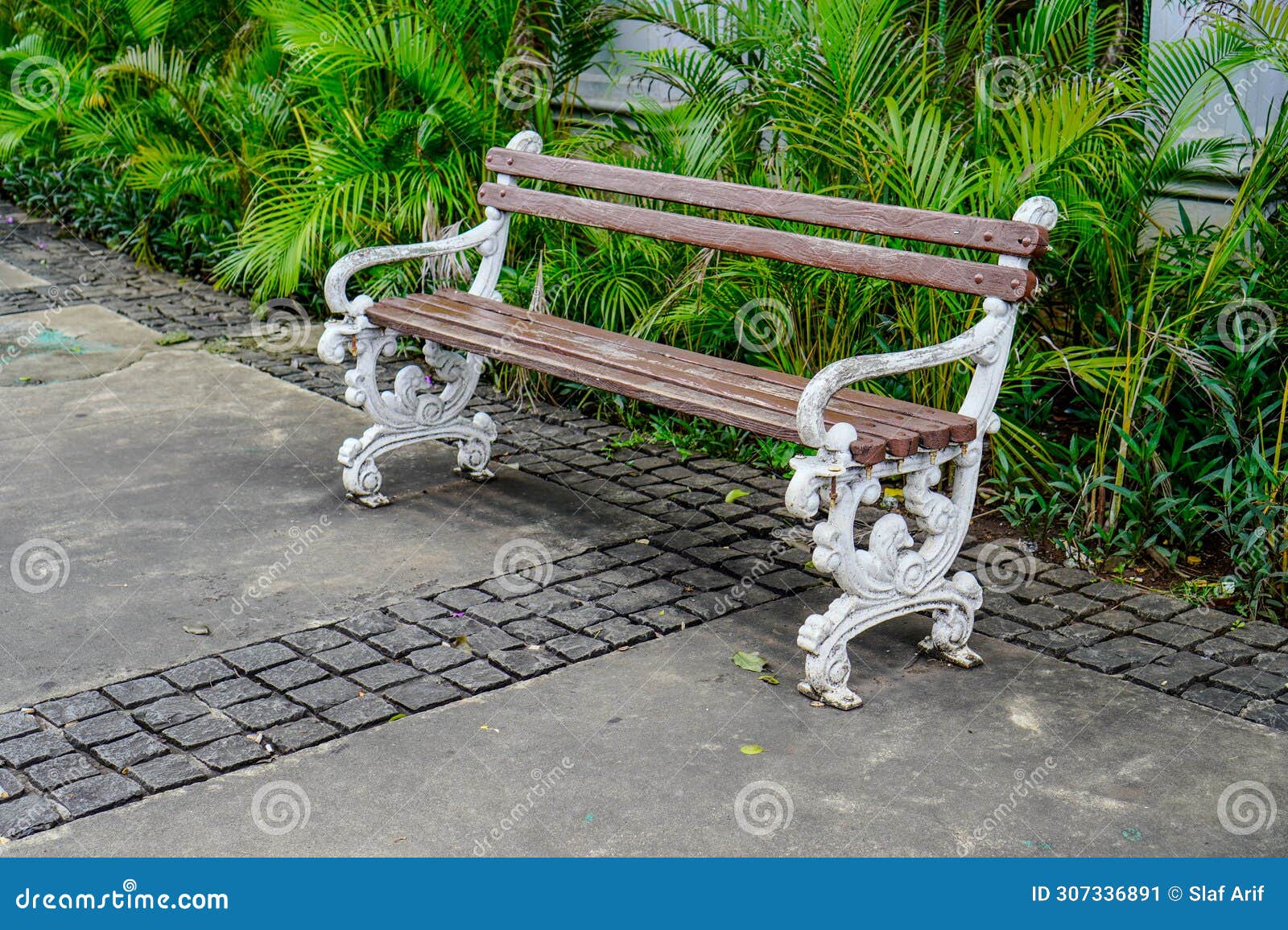Armed Garden Bench with Plants Behind the Bench Stock Image - Image of ...
