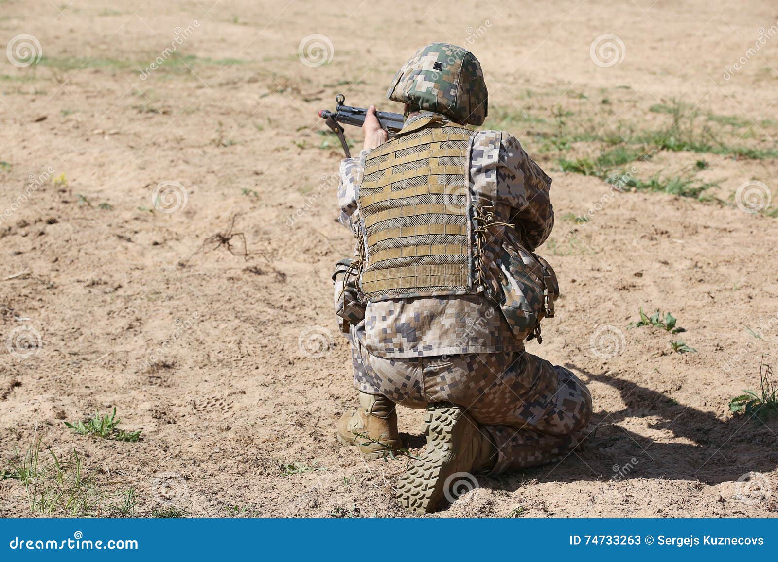 A Man In Camouflage With A Rifle On The Background Of Fallen Trees ...