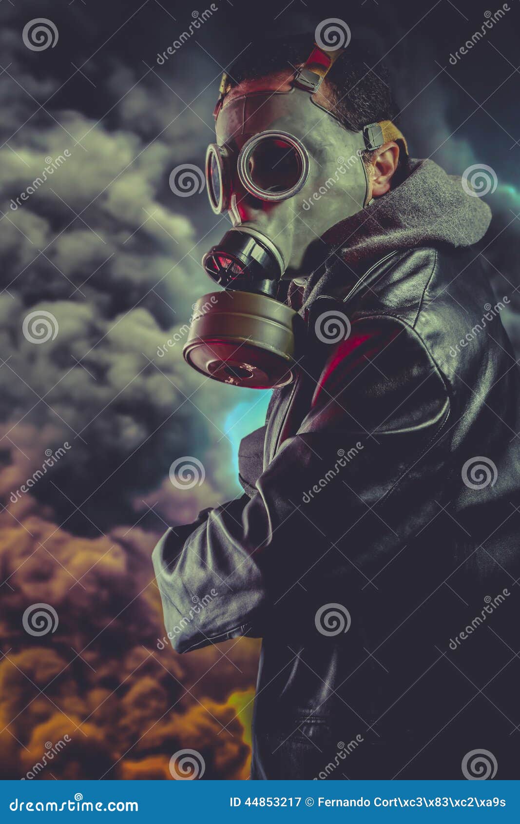 Armed Man with Gas Mask Over Explosion Background Stock Image - Image ...