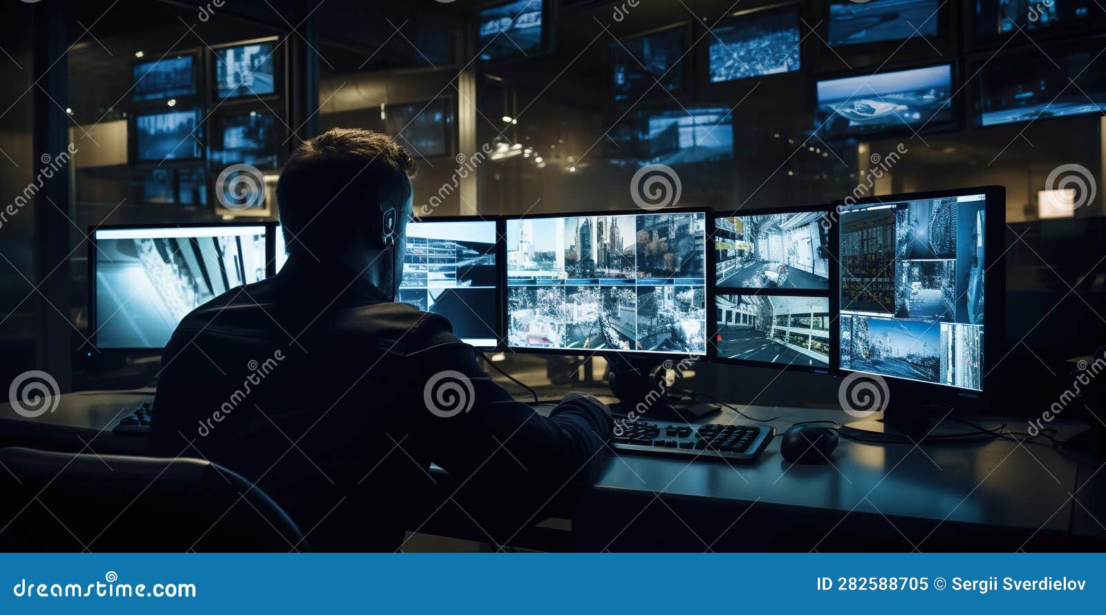 An Armed Security Guard in a Bank Diligently Monitors the Situation Inside the Building Using ...
