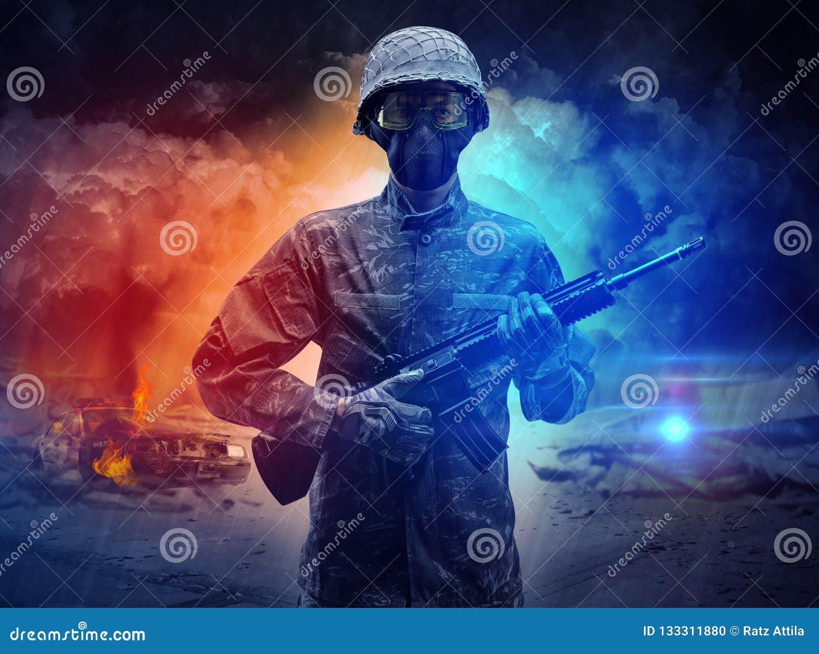 Armed Soldier Standing in the Middle of Dust Storm Stock Photo - Image ...