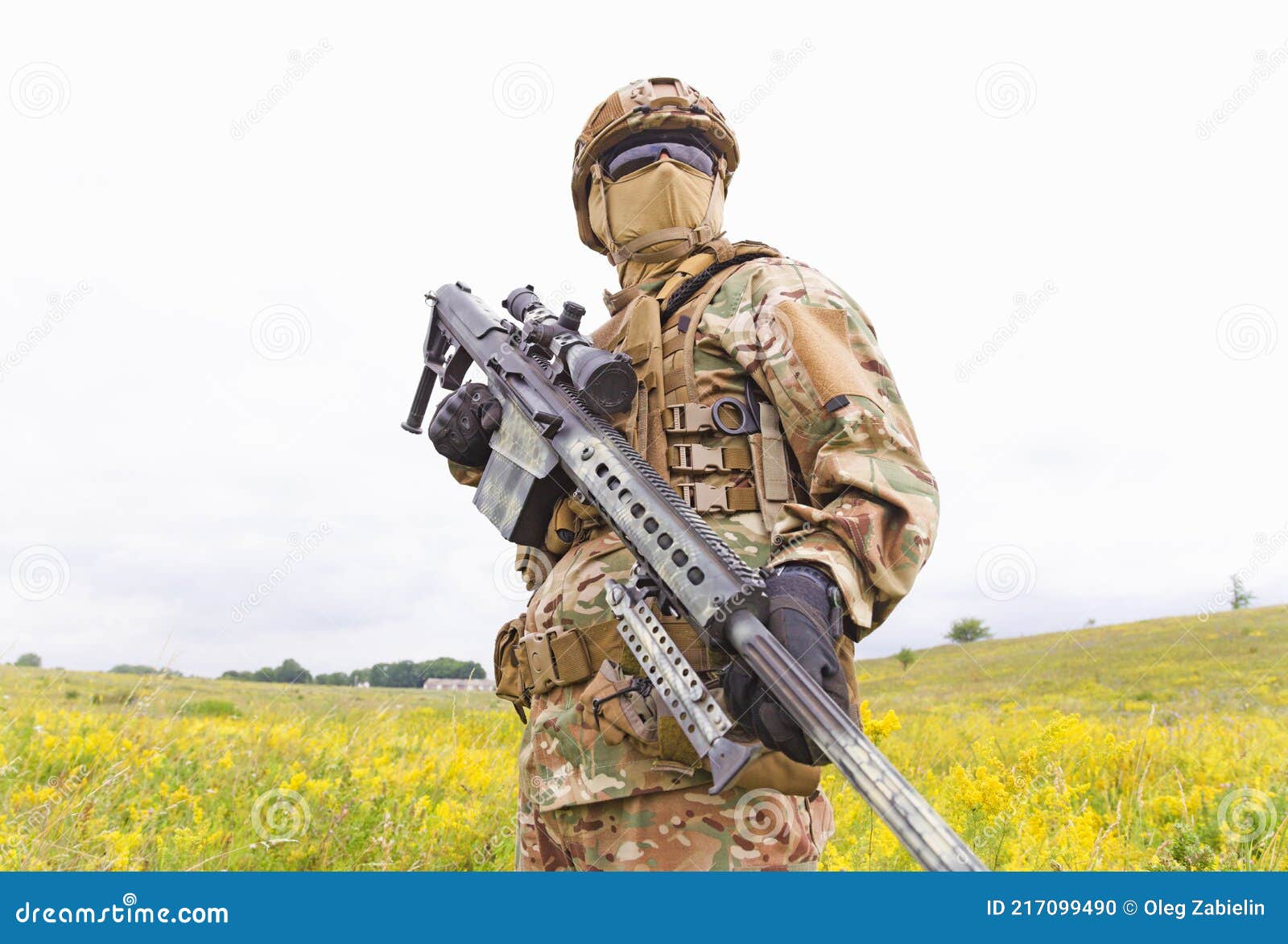 Armed Soldier with Sniper Rifle Stands in Field Stock Photo - Image of ...