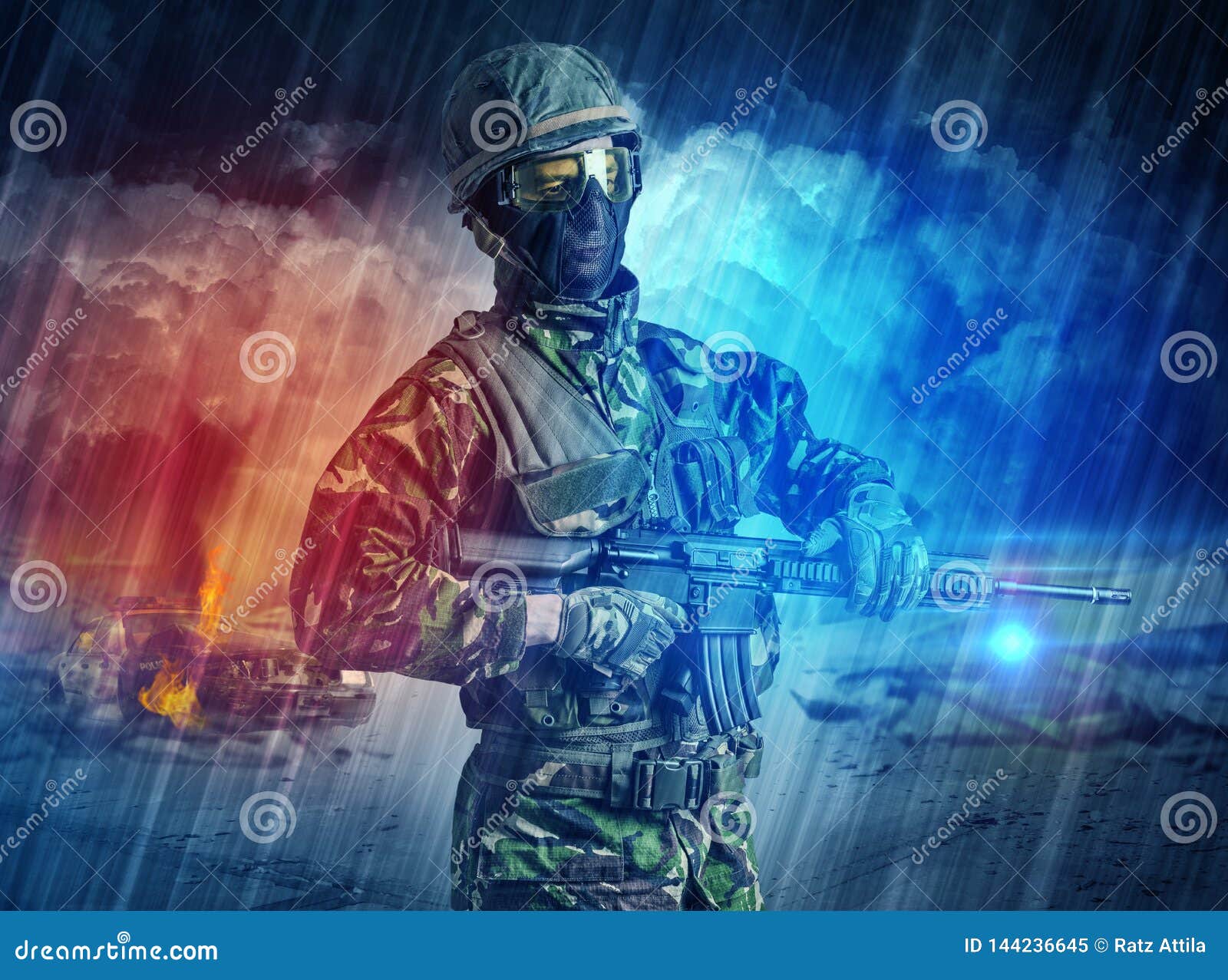Armed Soldier Standing in the Middle of Dust Storm Stock Illustration ...