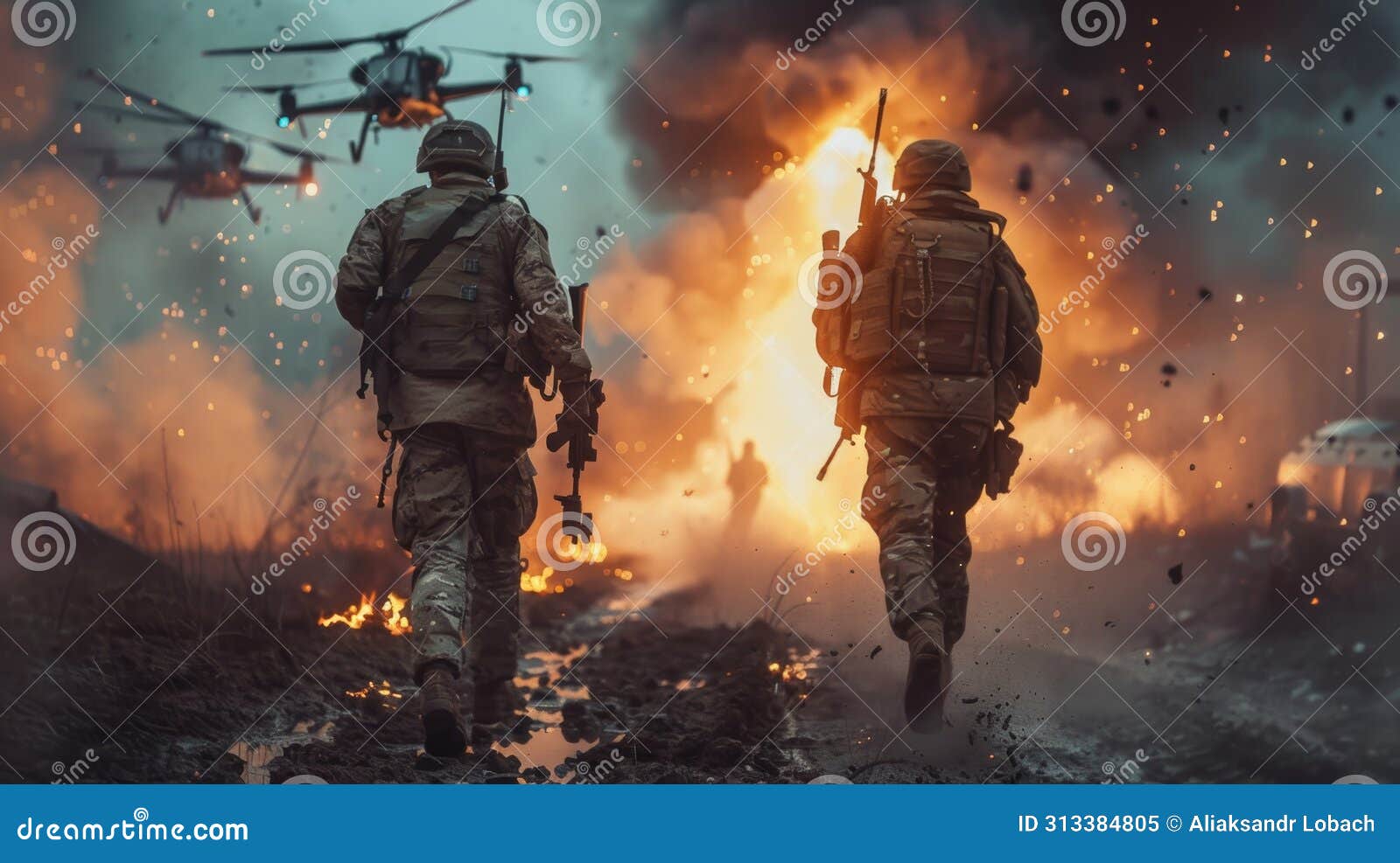 Armed Soldiers on the Battlefield. Everything Explodes and Drones Fly ...