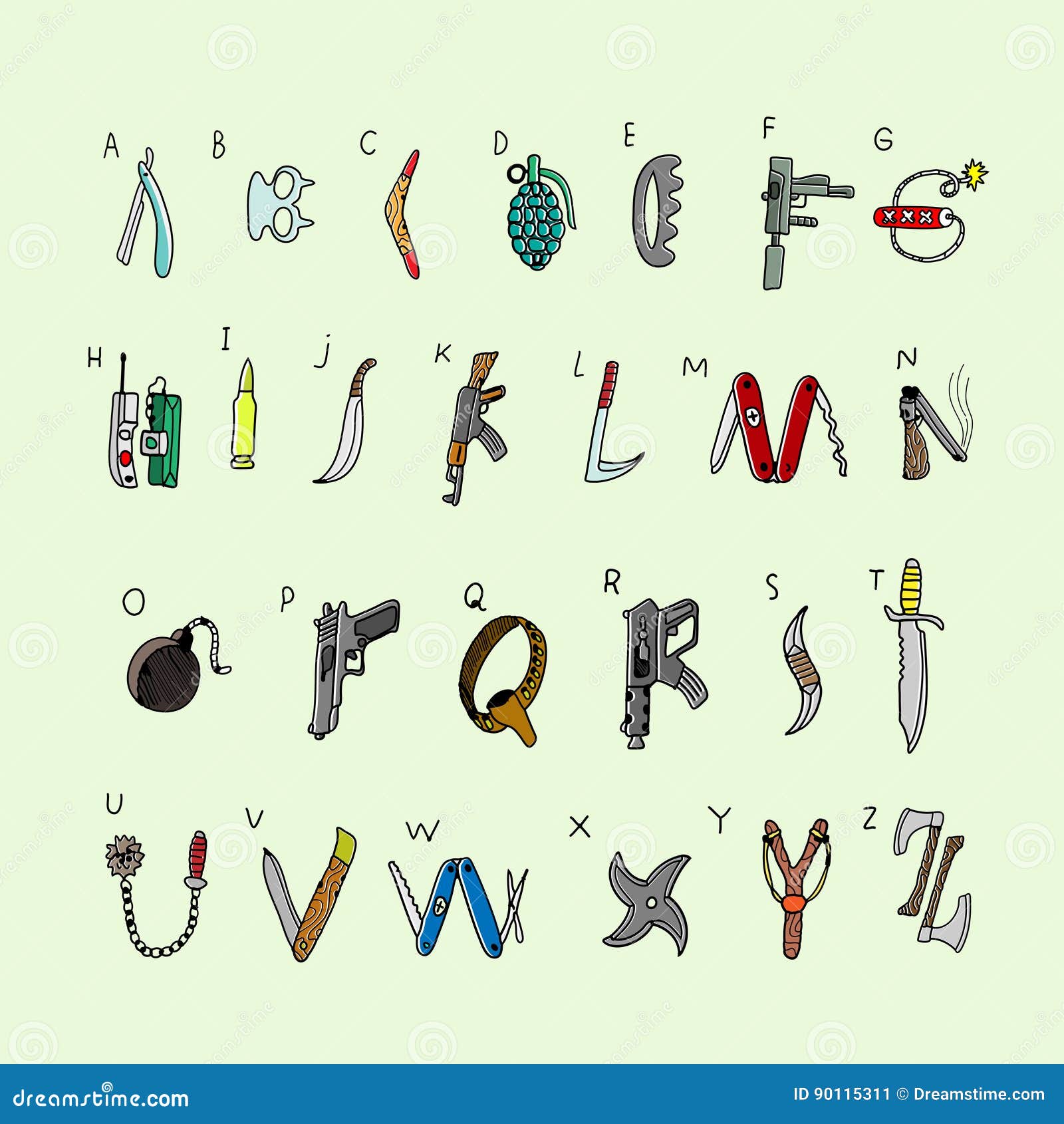 Armor alphabet. Doodle set stock vector. Illustration of revolver ...