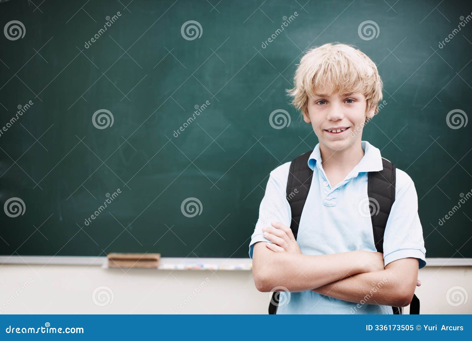Arms Crossed, Chalkboard and Portrait of Boy in Classroom at School for ...