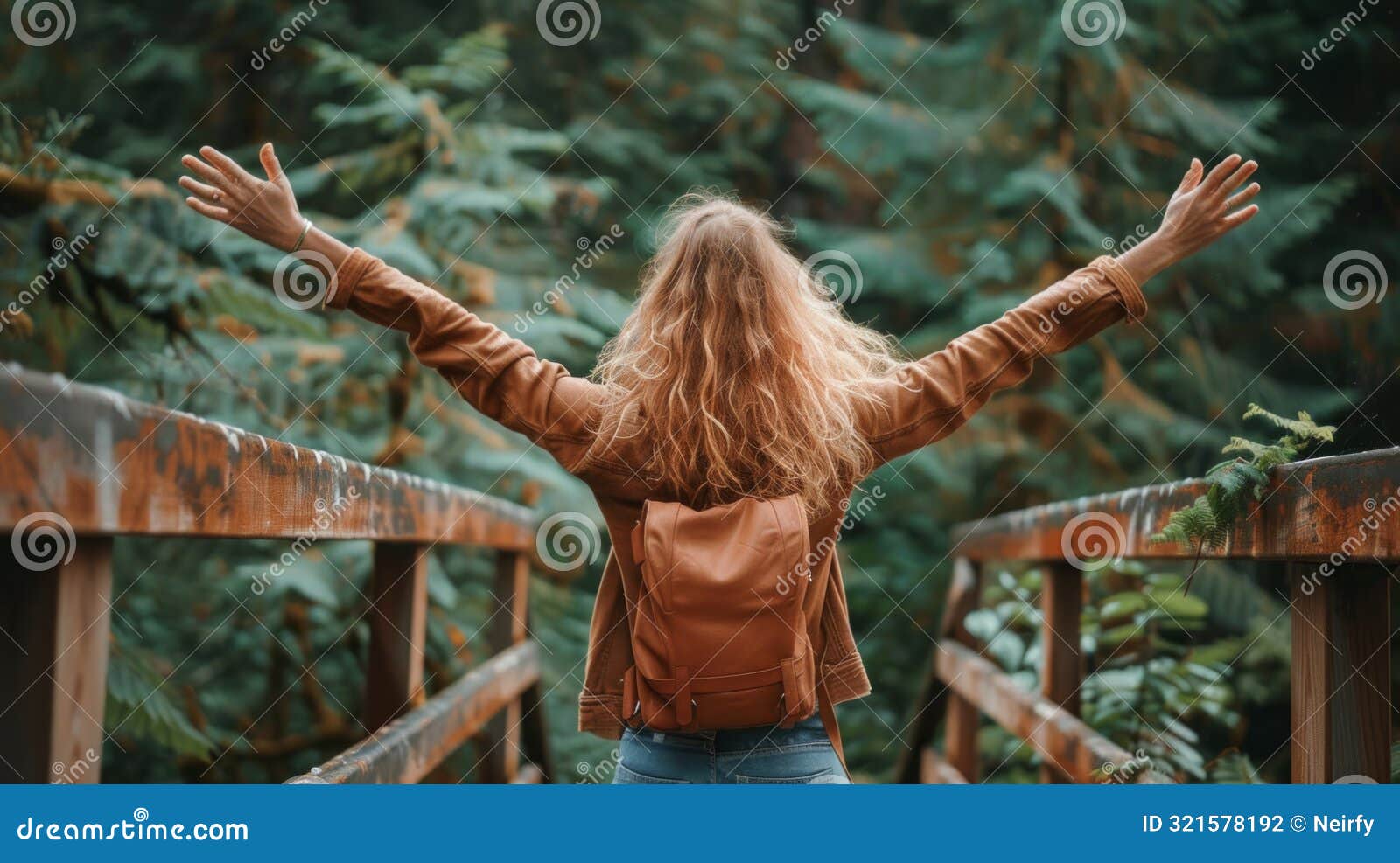 Arms Raised in Joy on a Forest Bridge Stock Photo - Image of females ...