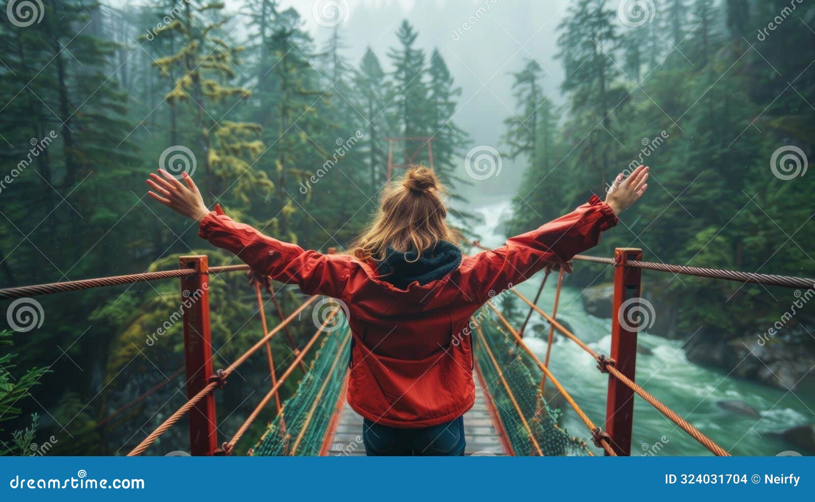 Arms Raised in Joy on a Forest Bridge Stock Photo - Image of rope ...