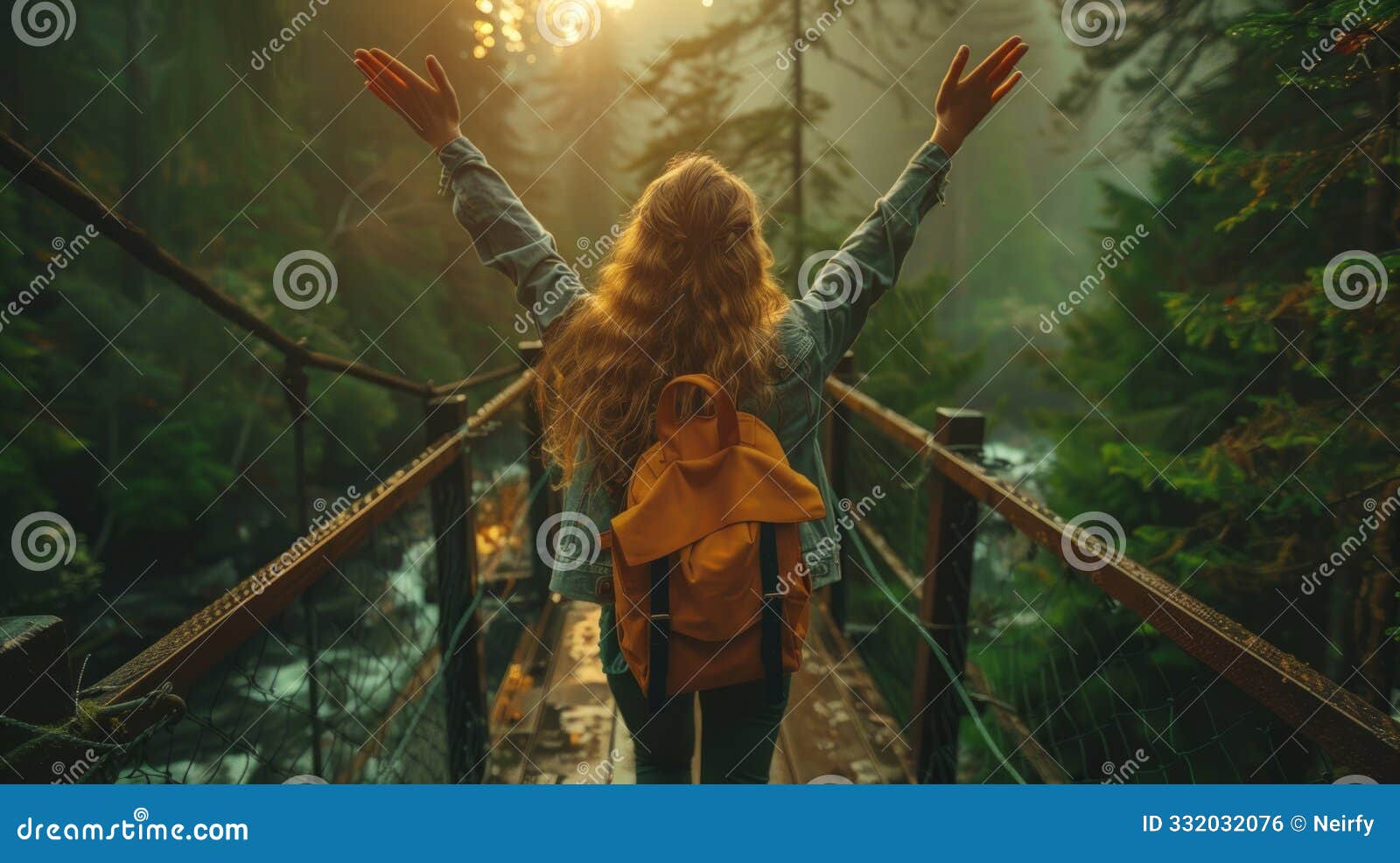 Arms Raised in Joy on a Forest Bridge Stock Photo - Image of tree ...