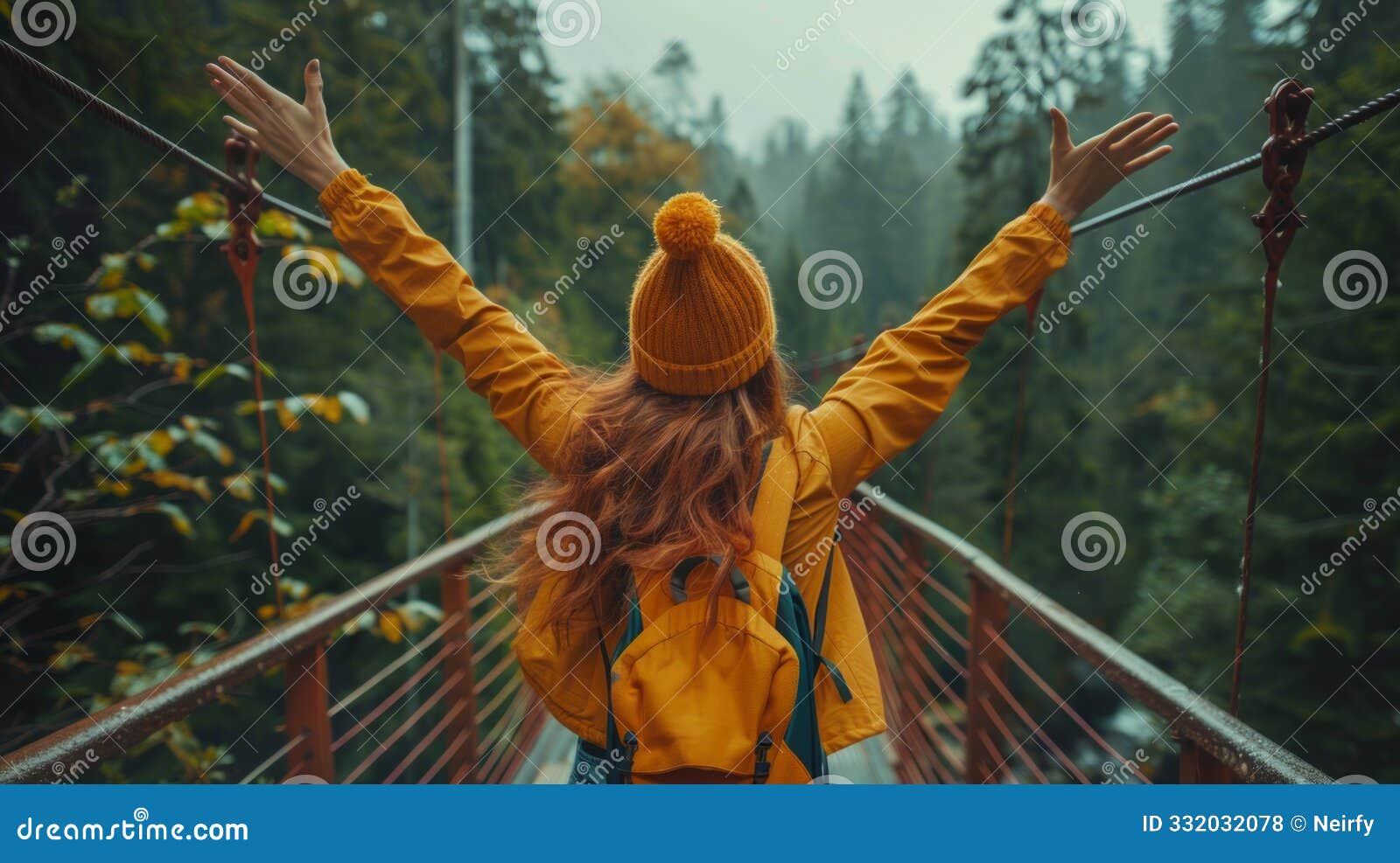 Arms Raised in Joy on a Forest Bridge Stock Photo - Image of sport ...