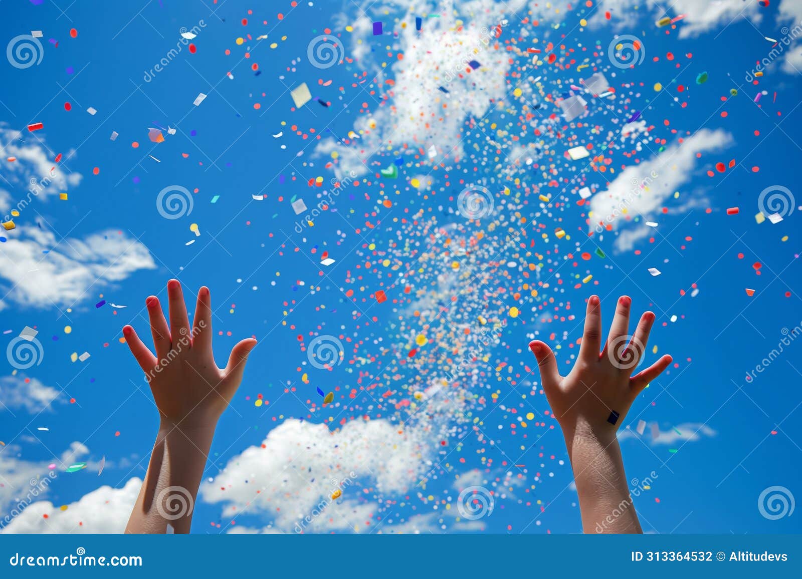 Arms Waving, Confetti Explosion Overhead Stock Photo - Image of people ...