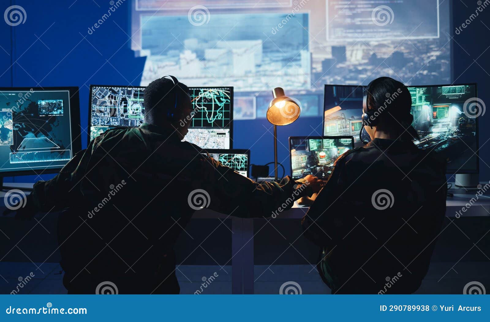 Army Control Room, Computer and Team in Surveillance, Help and ...