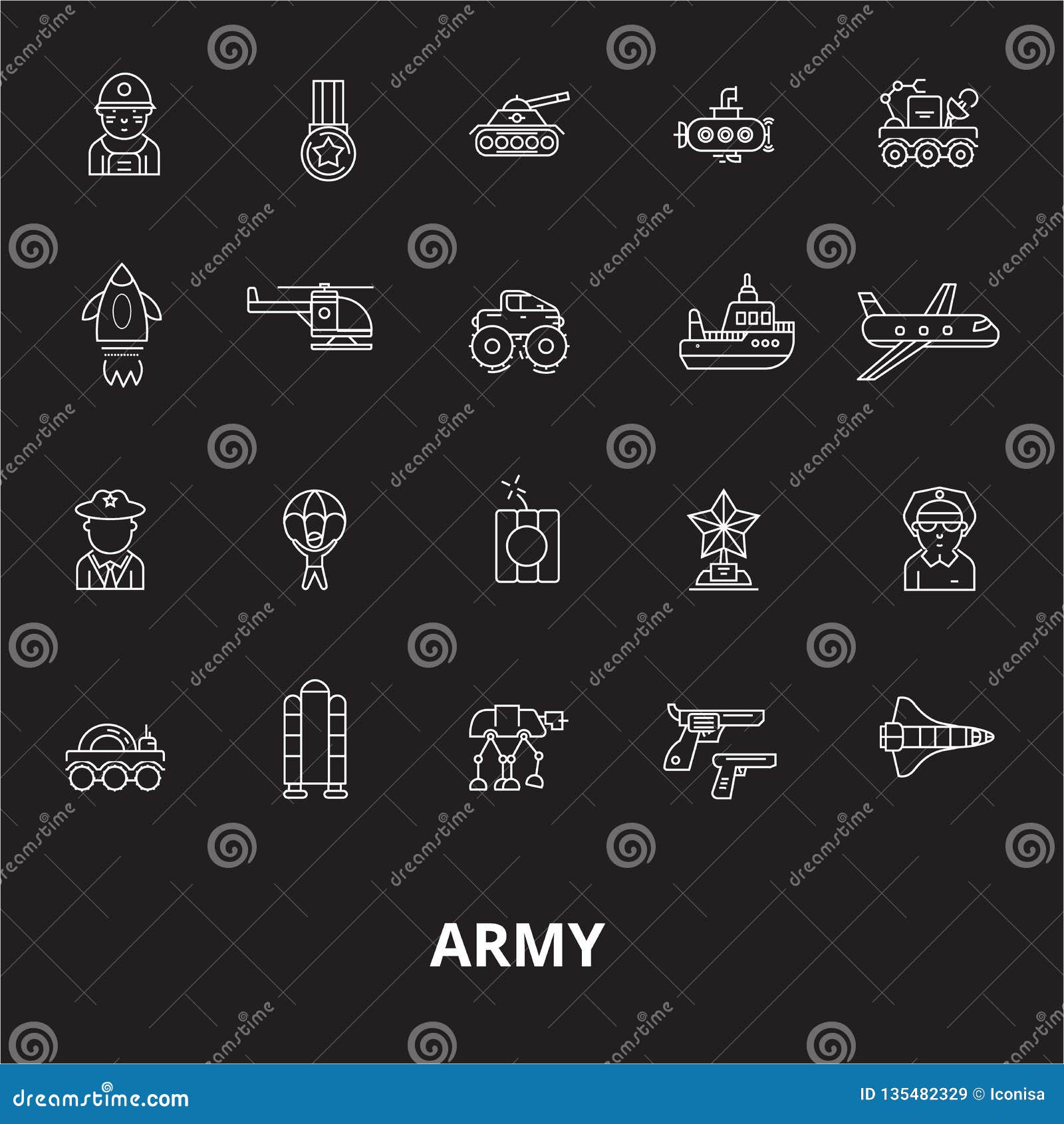 Army Editable Line Icons Vector Set on Black Background. Army White ... Army Editable Line Icons Vector Set on Black Background. Army White ...