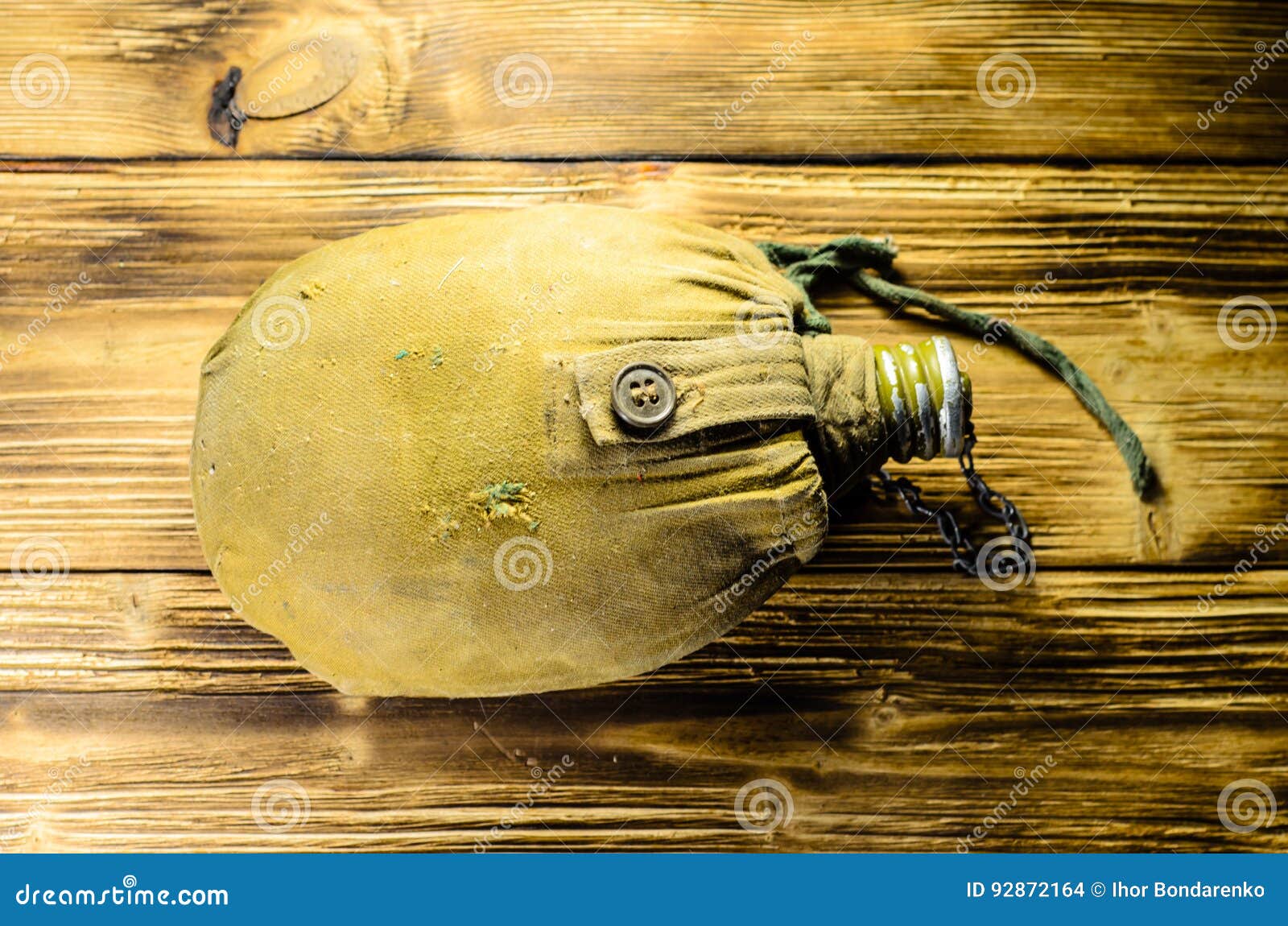 Army Flask in Rag Cover on Wooden Table Stock Photo - Image of flask ...