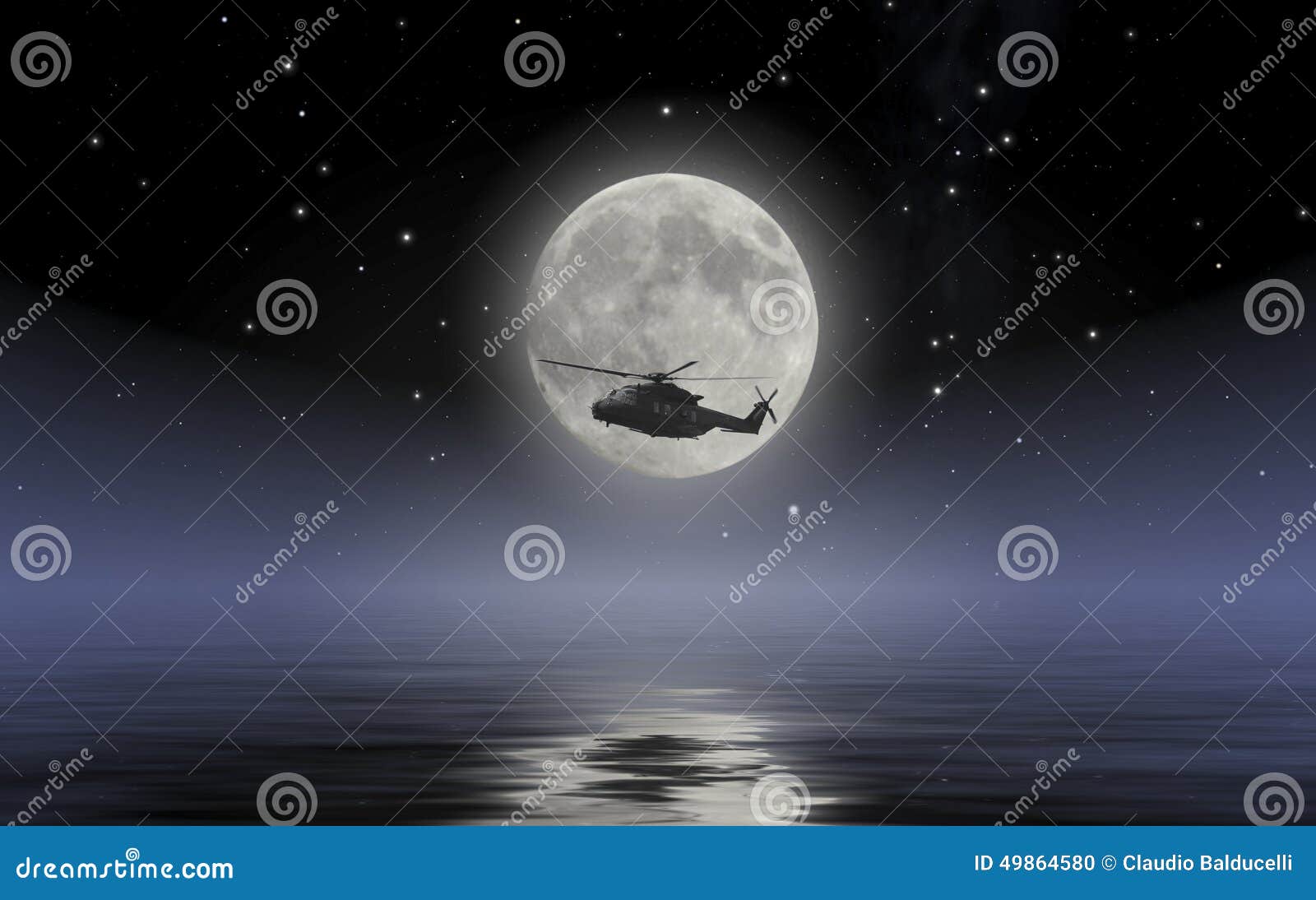 Army Helicopter Scouting On Sea In A Full Moon Night Stock Photography ...