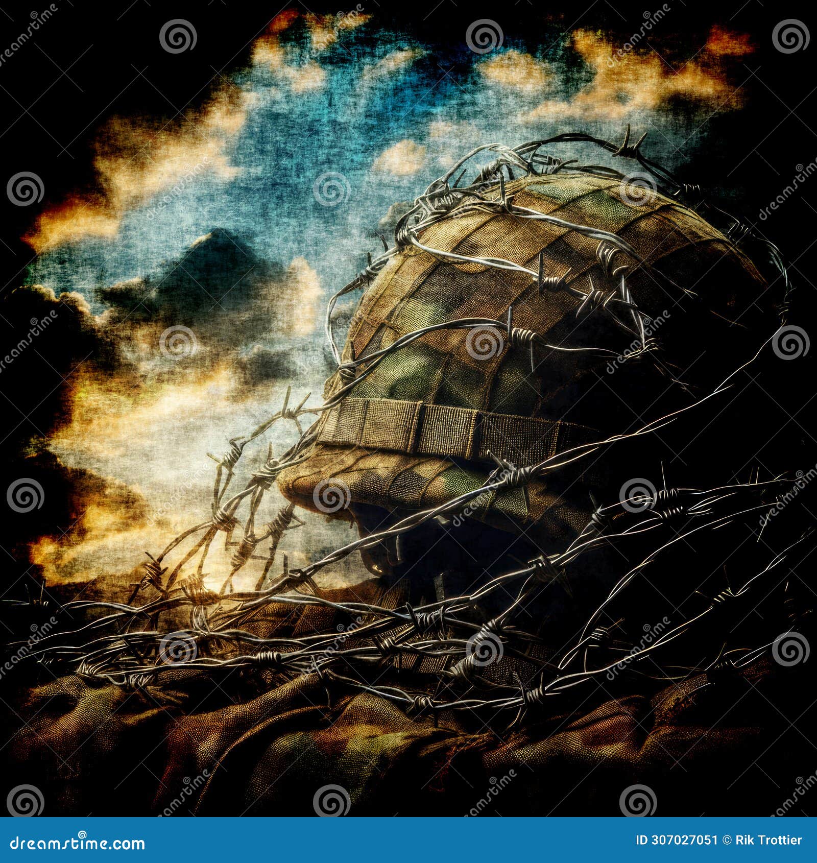 Army Helmet Tangled in Barbed Wire Stock Illustration - Illustration of ...