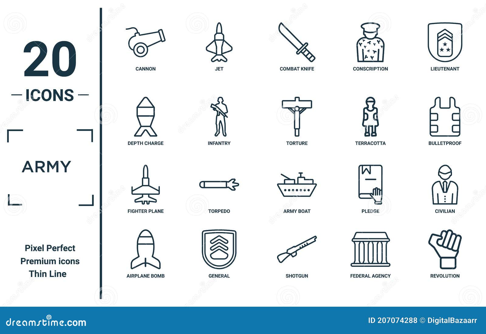 Army Linear Icon Set. Includes Thin Line Cannon, Depth Charge, Fighter ... Army Linear Icon Set. Includes Thin Line Cannon, Depth Charge, Fighter ...
