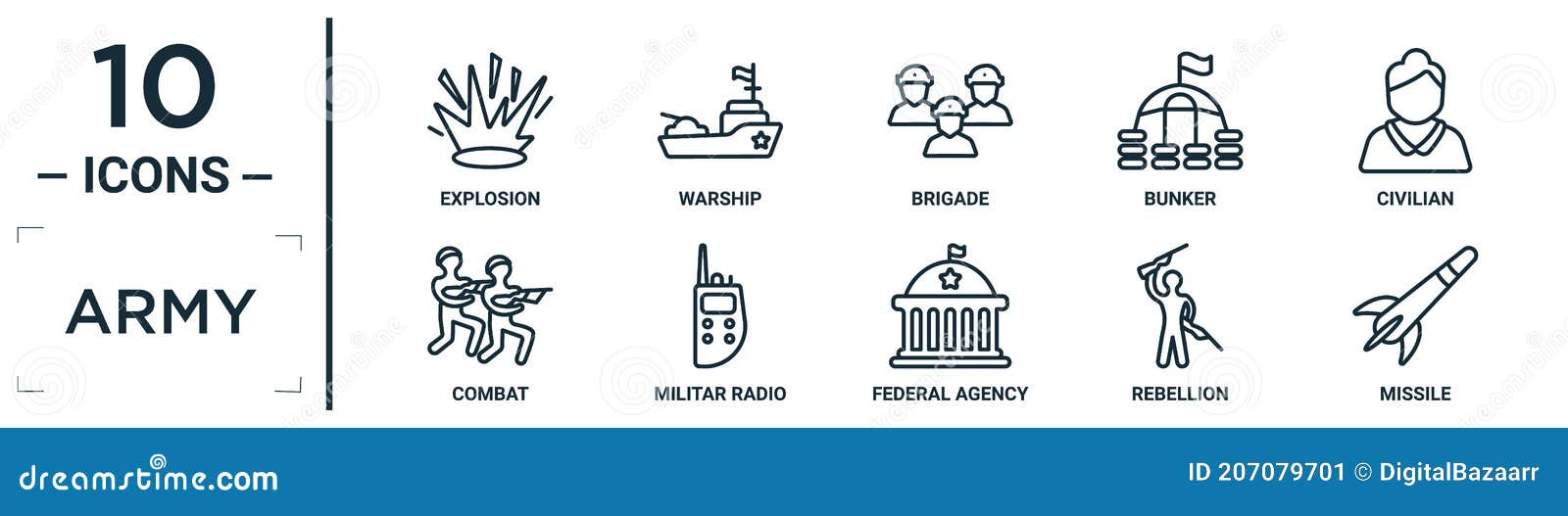Army Linear Icon Set. Includes Thin Line Explosion, Brigade, Civilian ... Army Linear Icon Set. Includes Thin Line Explosion, Brigade, Civilian ...
