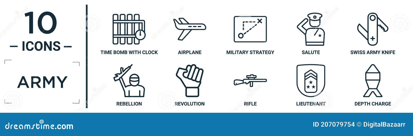Army Linear Icon Set. Includes Thin Line Time Bomb with Clock, Military ... Army Linear Icon Set. Includes Thin Line Time Bomb with Clock, Military ...