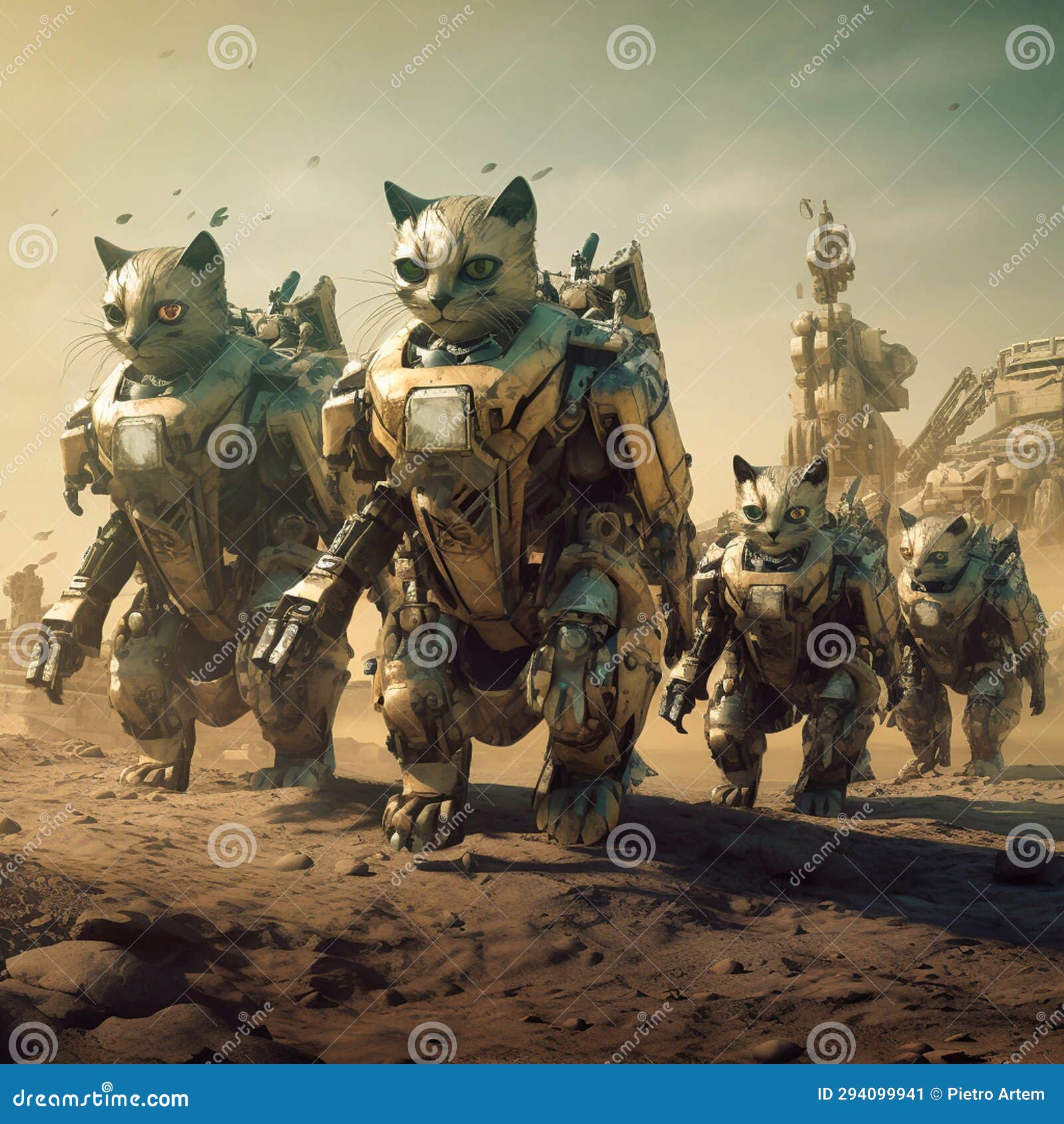 An Army of Robot Cats Takes Over the Desert Stock Image - Image of ...