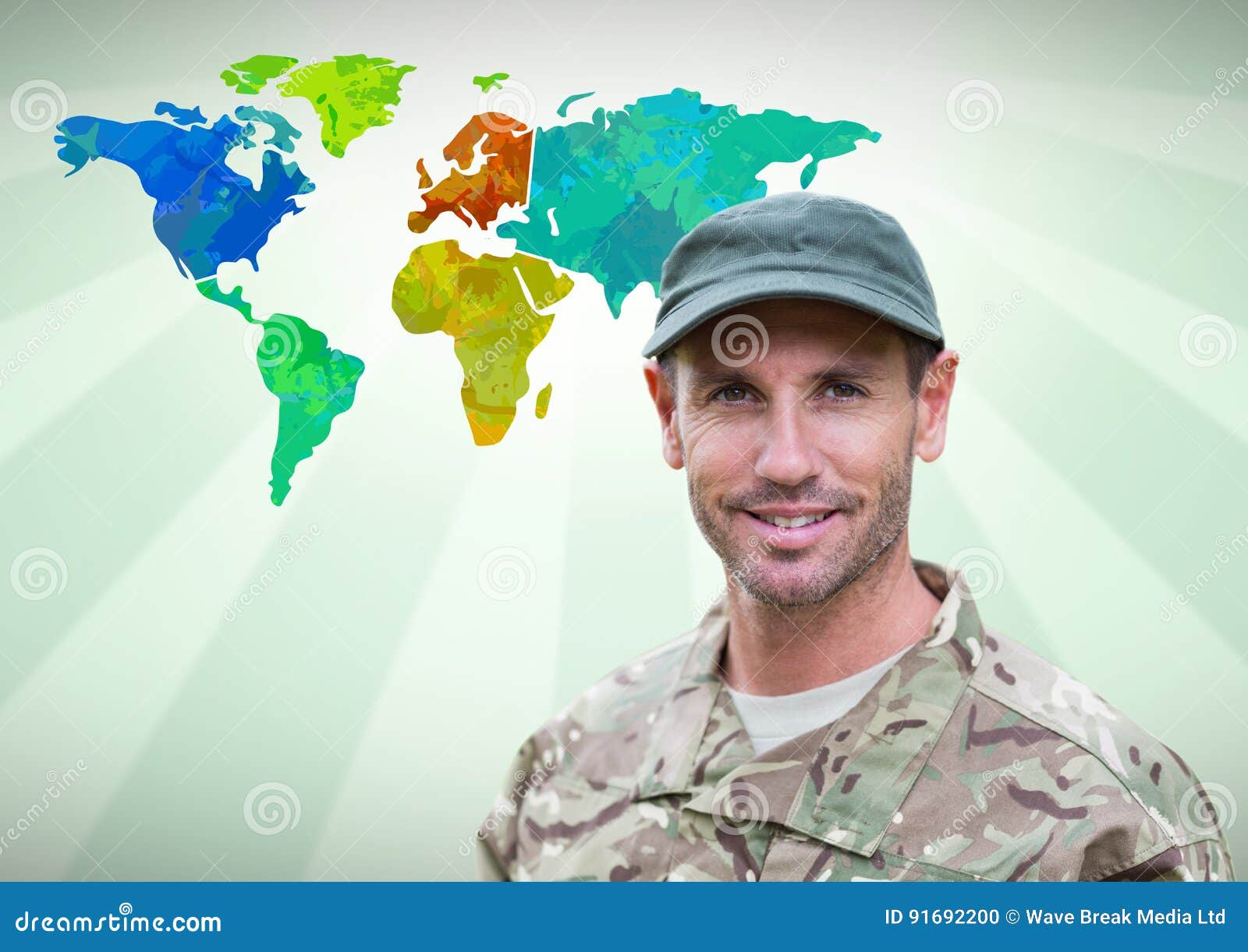 Army Soldier Man in Front of Colourful Map Stock Illustration ...