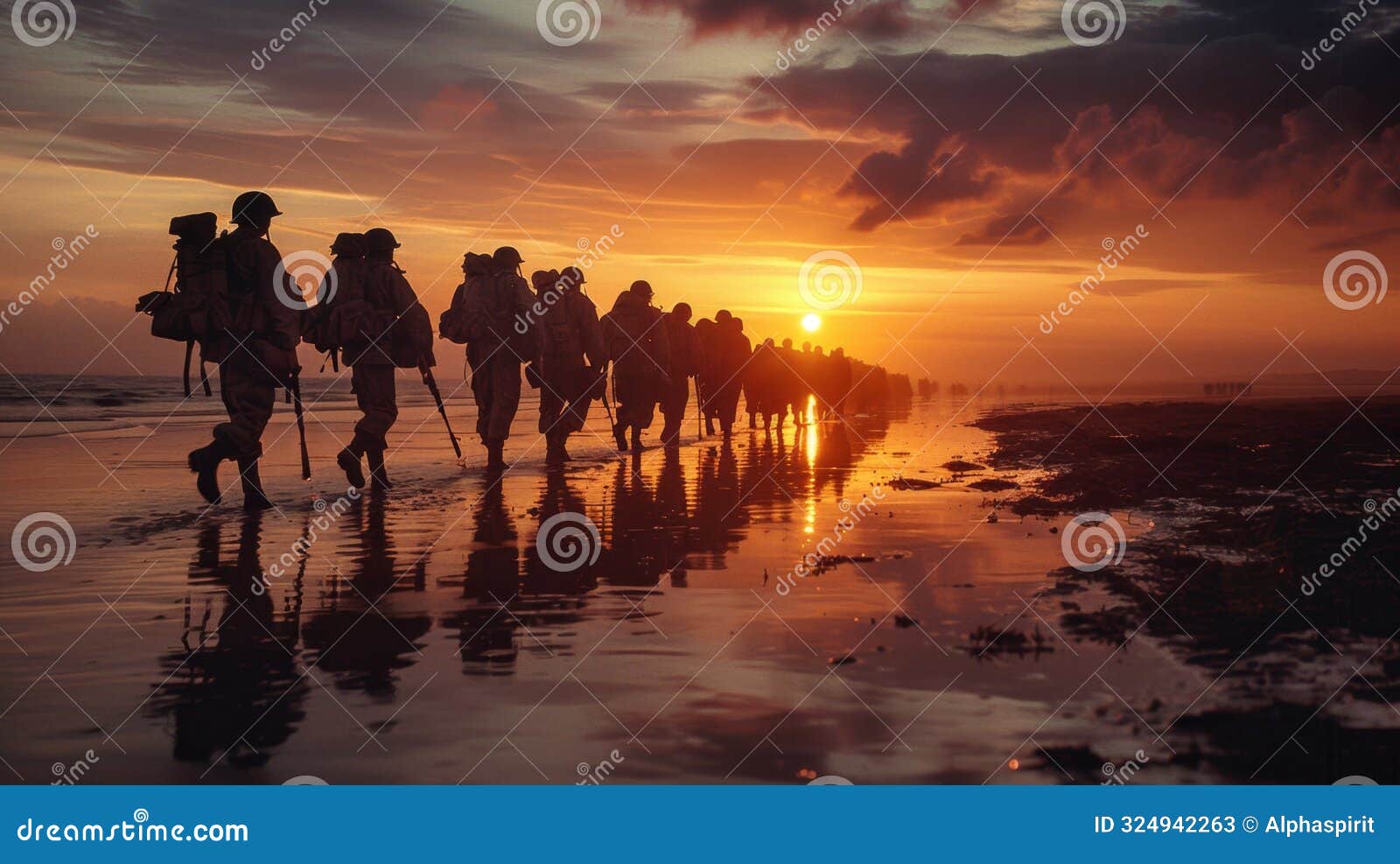 Army Soldiers Line Walking on Beach at Sunset Stock Illustration ...