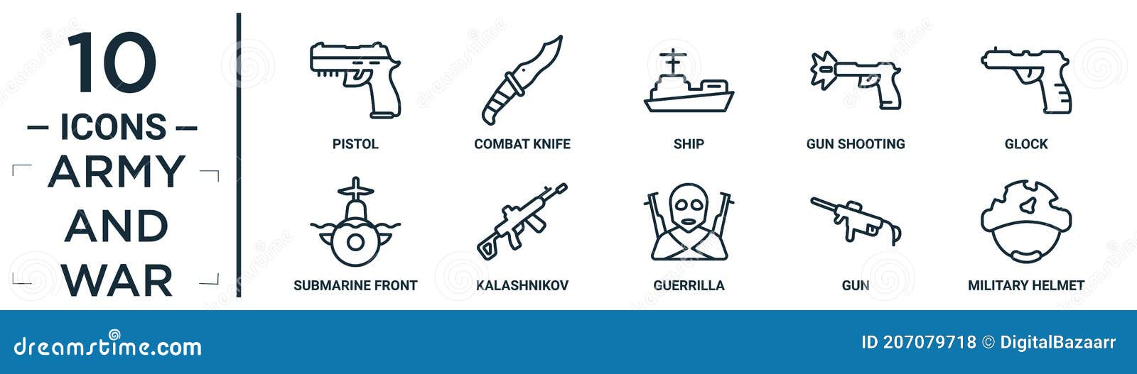 Army.and.war Linear Icon Set. Includes Thin Line Pistol, Ship, Glock ... Army.and.war Linear Icon Set. Includes Thin Line Pistol, Ship, Glock ...