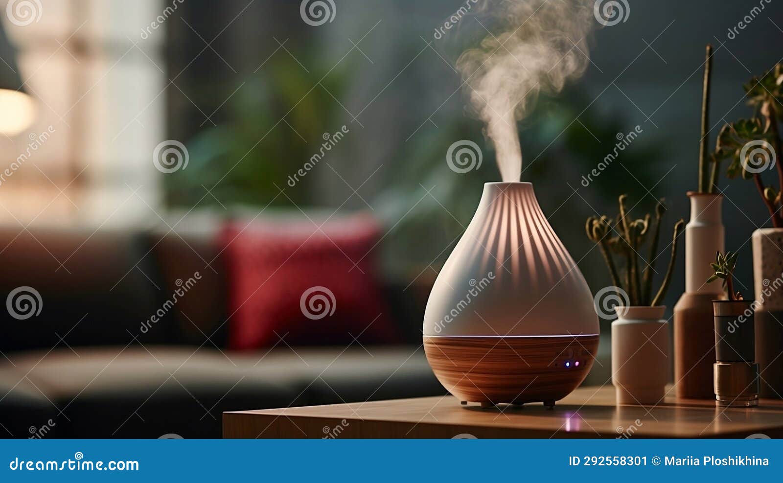 Aroma Oil Diffuser with Rising Steam Flow on Table in Living Room Stock ...