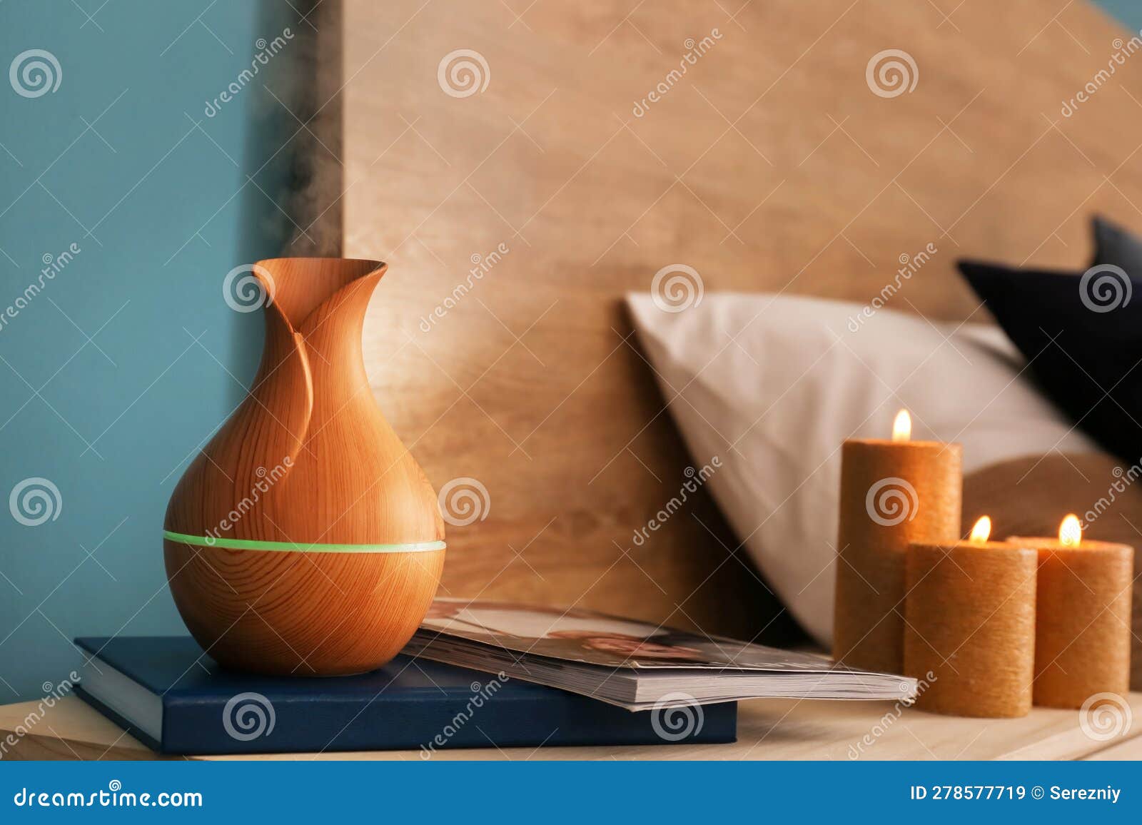 Aroma Oil Diffuser on Table in Bedroom Stock Image - Image of diffuser ...