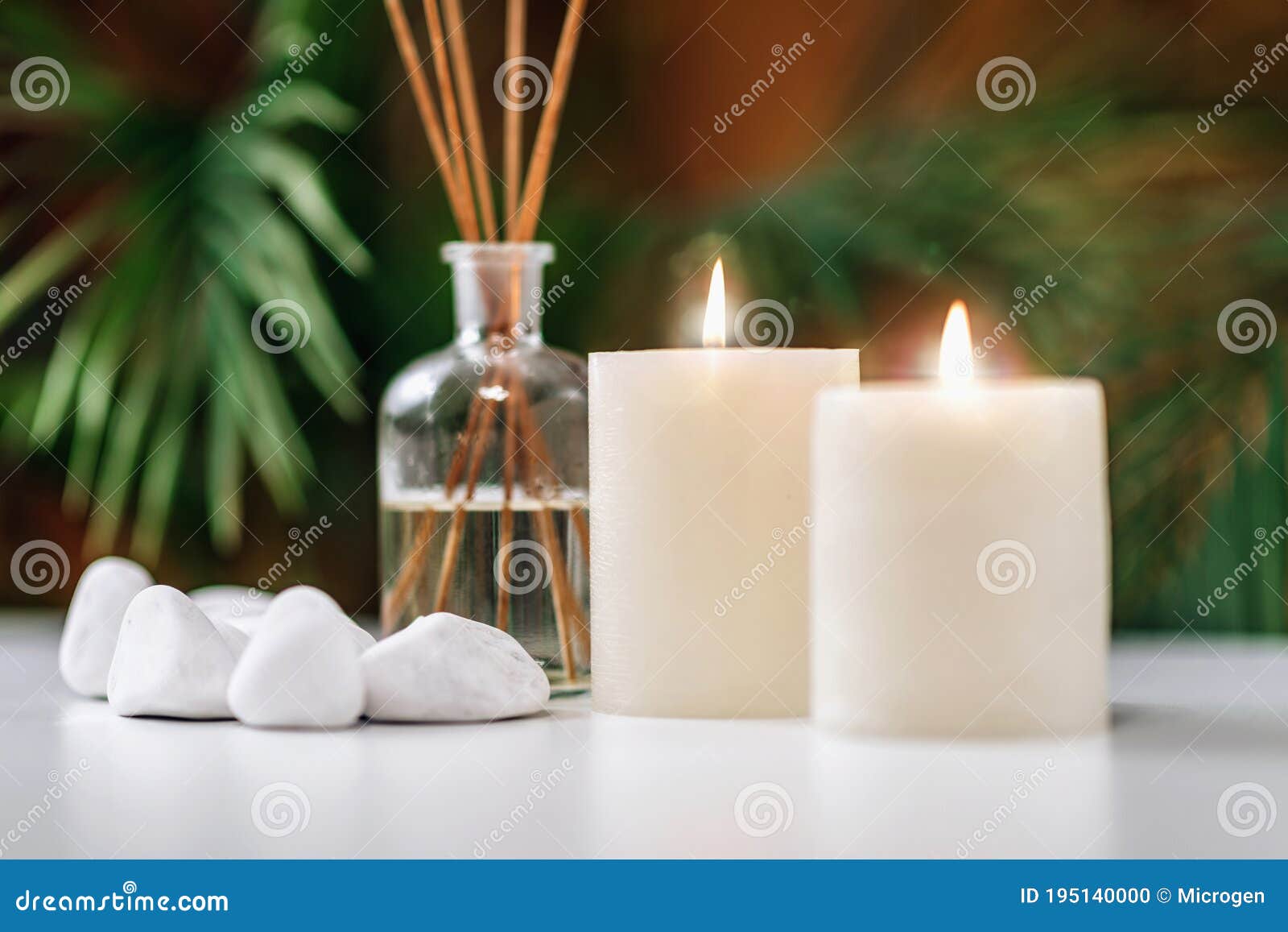 Aromatherapy Concept. Aromatic White Candles and Essential Oil Reed ...