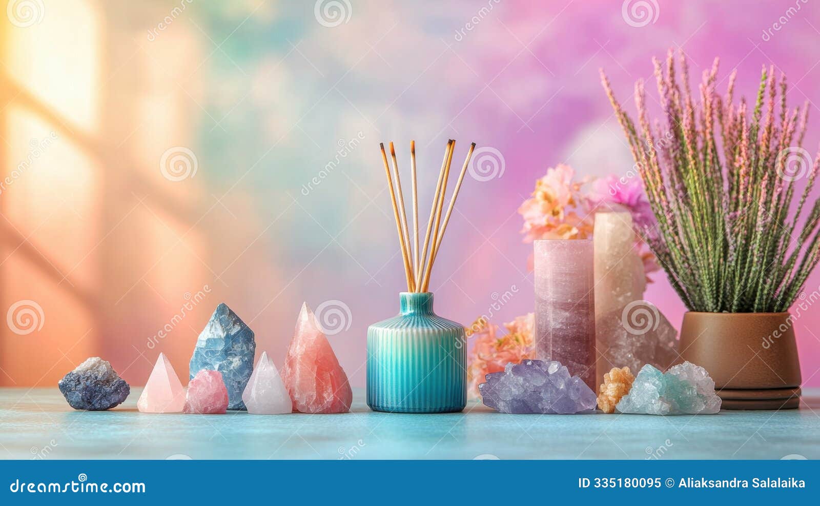 Aromatherapy Diffuser and Healing Crystals Displayed on a Pastel ...