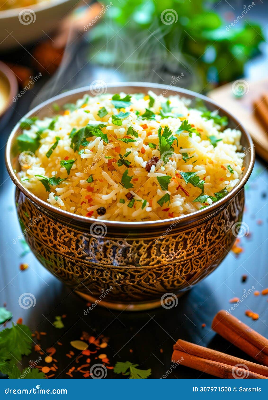 Aromatic Basmati Rice in Ornate Bowl with Herbs and Spices Stock ...