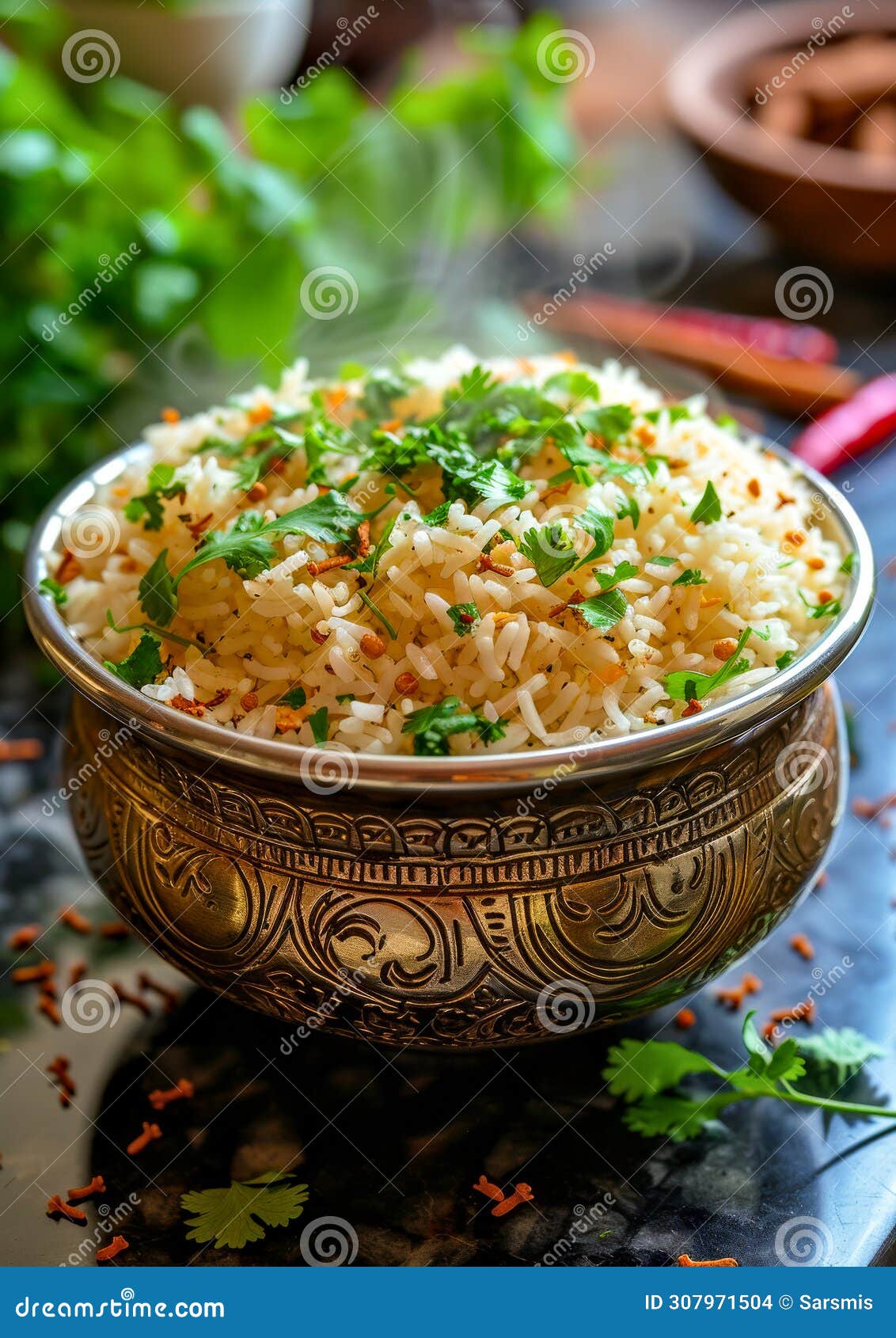 Aromatic Basmati Rice in Ornate Bowl with Herbs and Spices Stock ...