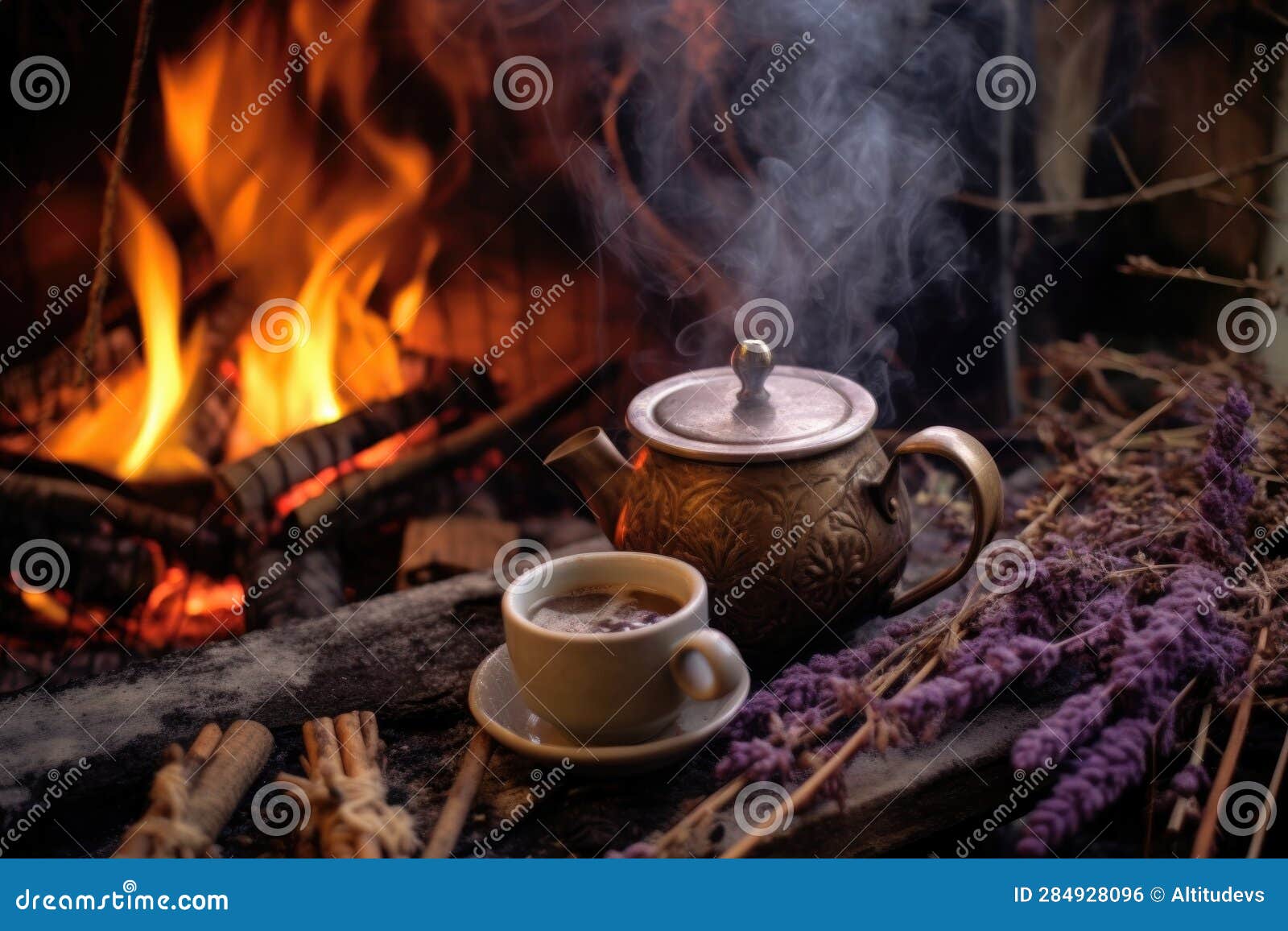 Aromatic Lavender Tea Steaming in a Cup beside a Warm Campfire Stock ...