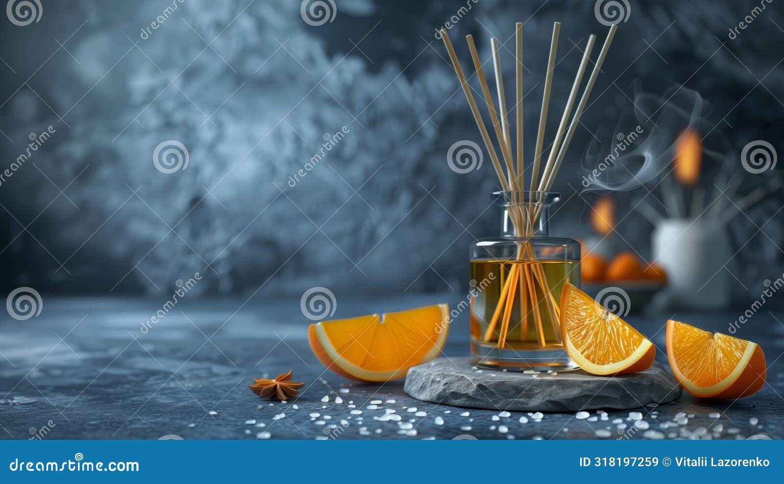 Aromatic Reed Diffuser on a Stone Base with Orange Slice Accent. Close ...