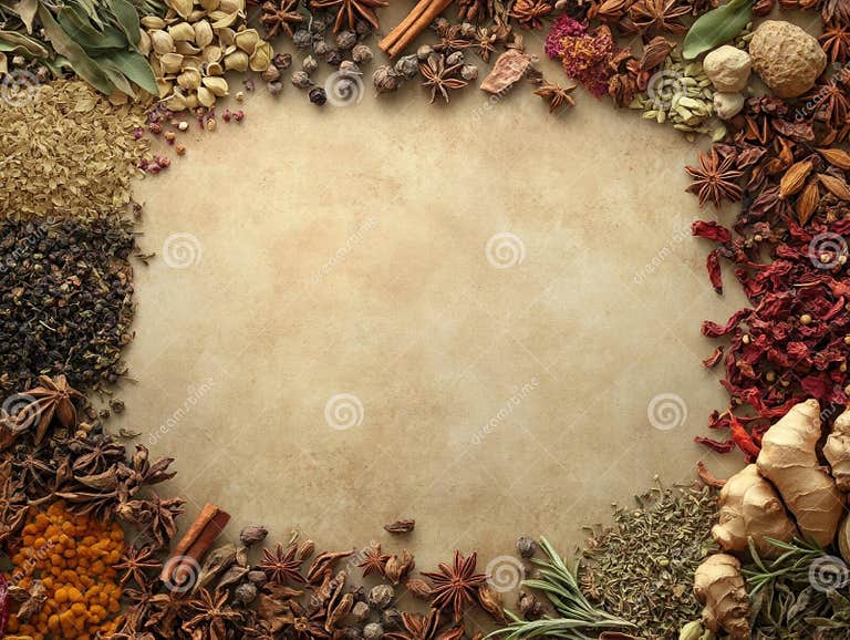 Aromatic Spice Border on Rustic Paper Background Stock Illustration ...
