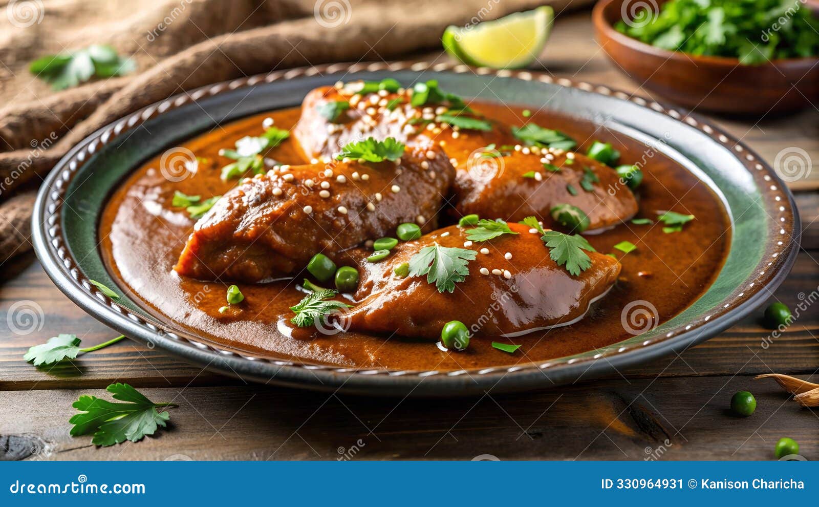 Mole Poblano Chicken With Rice And Yellow Marigold Flowers On A Brown ...