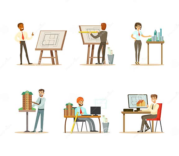 Arquitectos Trabajando En Planos Arquitectónicos Conjunto Ingenieros De