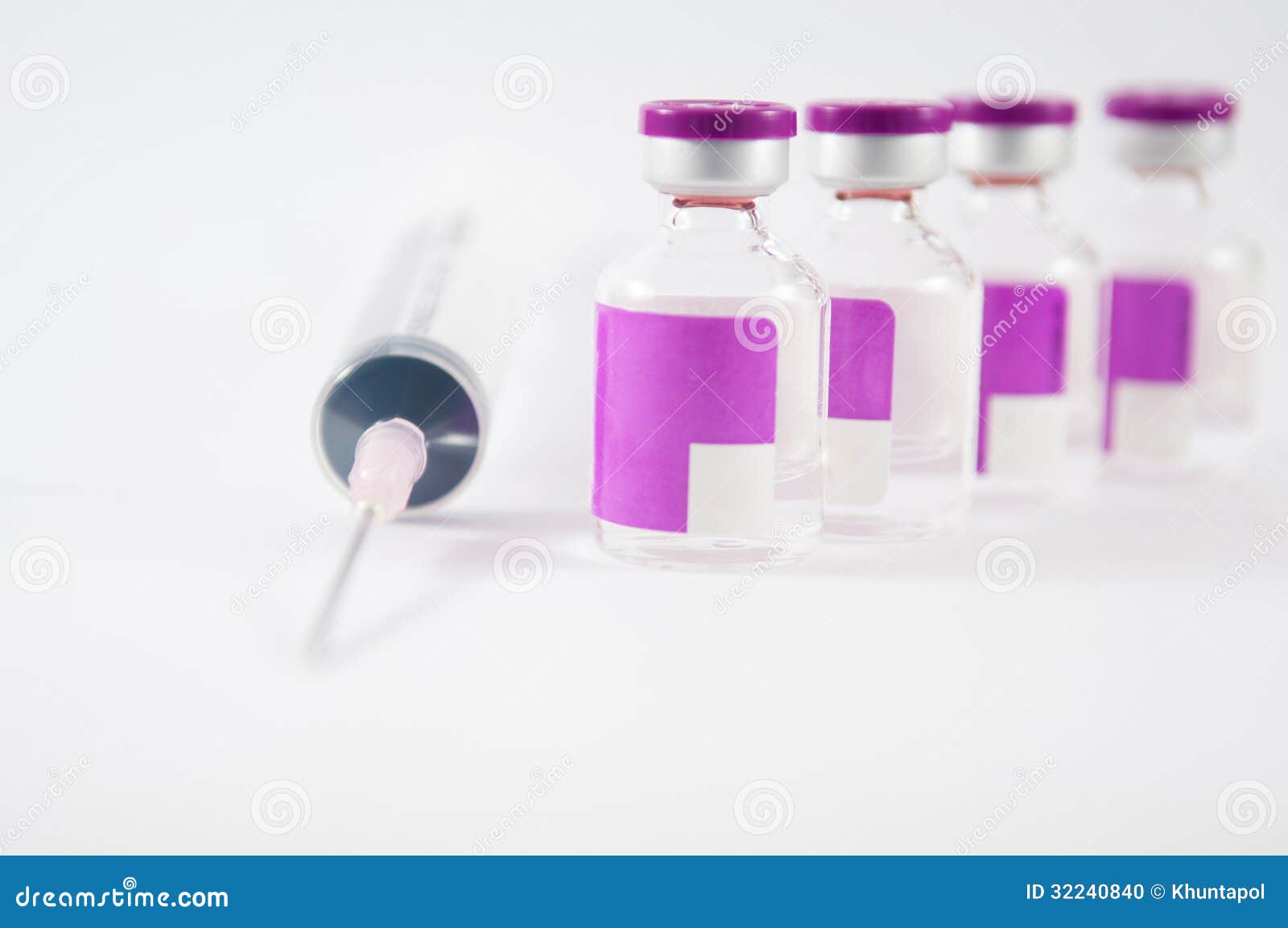 Arrange Purple Vial and Disposable Syringe on White Background Stock ...
