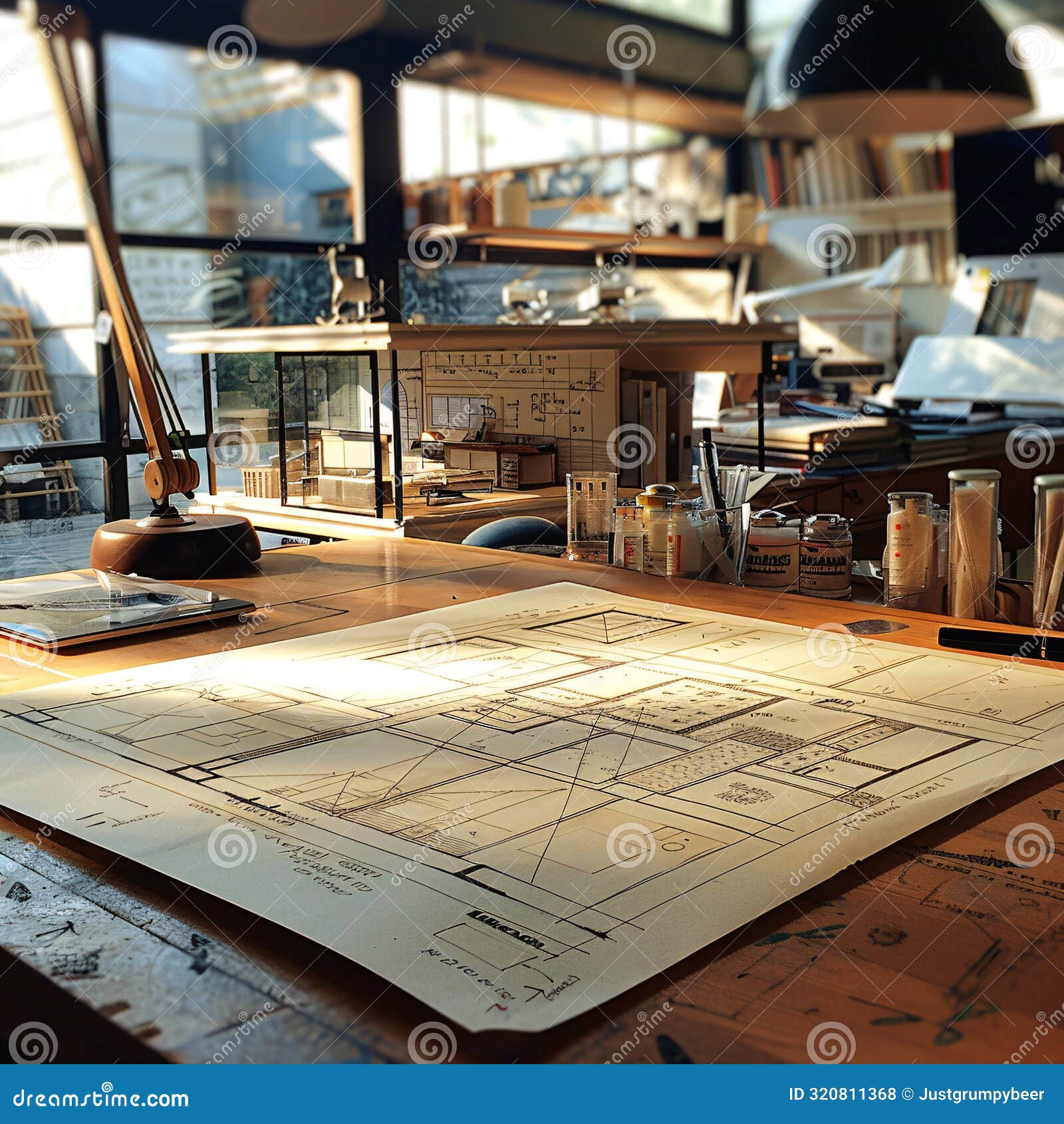 Arranged Architect S Studio with Blueprints, Models, and Drafting Tools ...